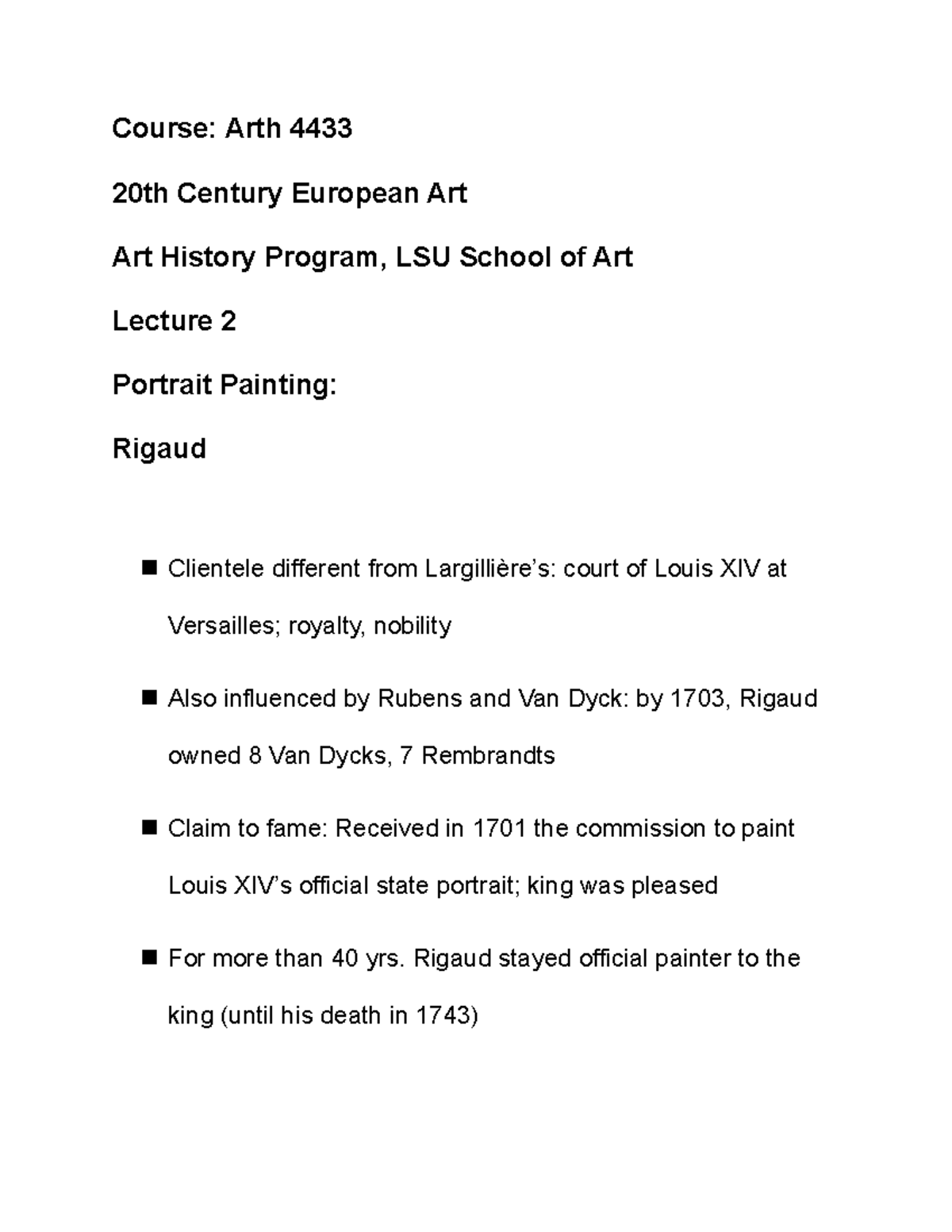 Rigaud - 18th century art history lecture notes from ppt - Course: Arth ...