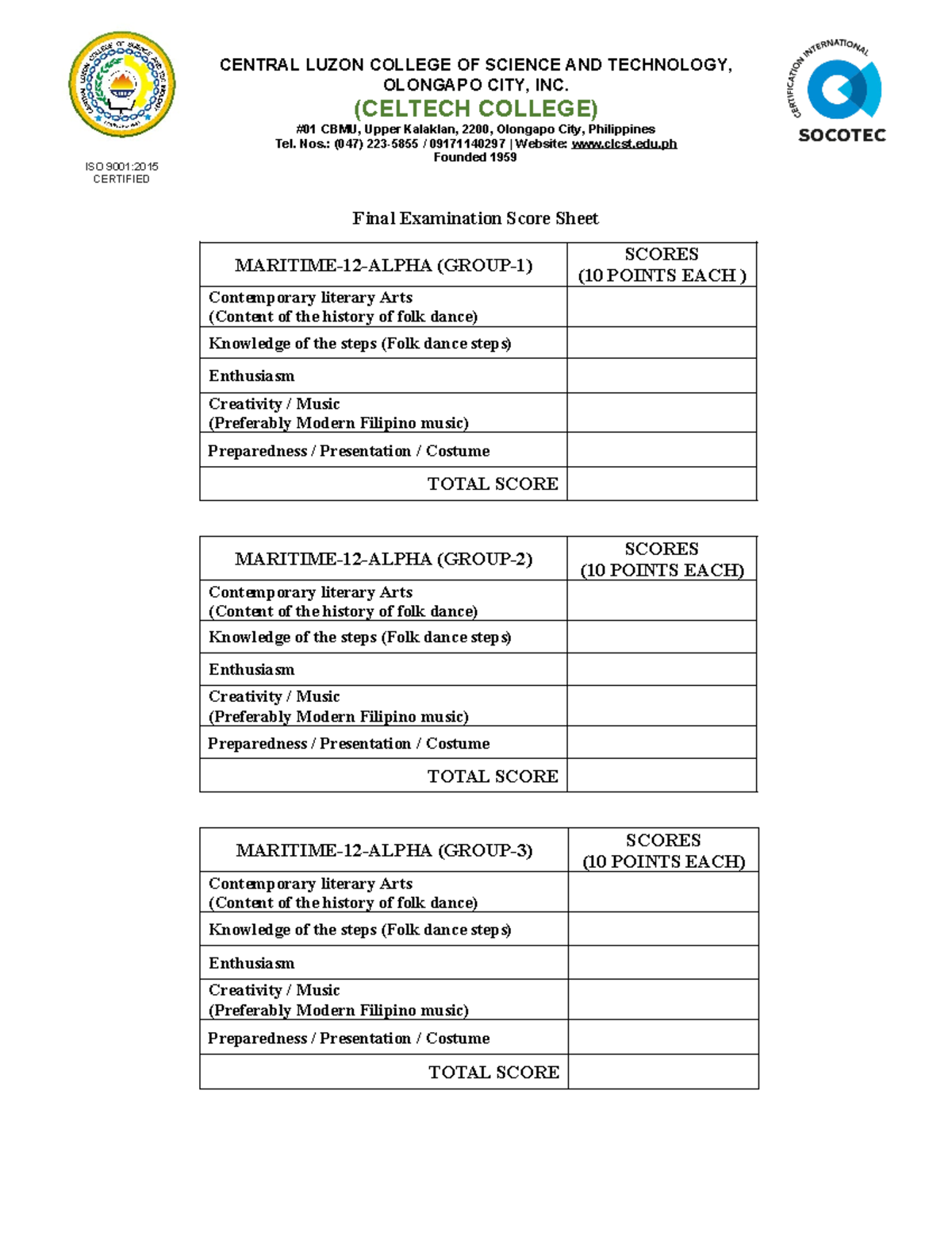 Contemporary Final Examination Score Sheet - ISO 9001: CERTIFIED ...