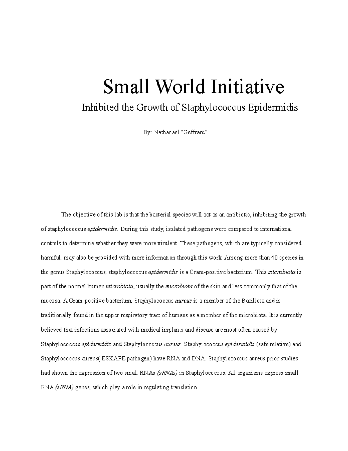 Nate Lab report 2 -2 - Small World Initiative Inhibited the Growth of ...