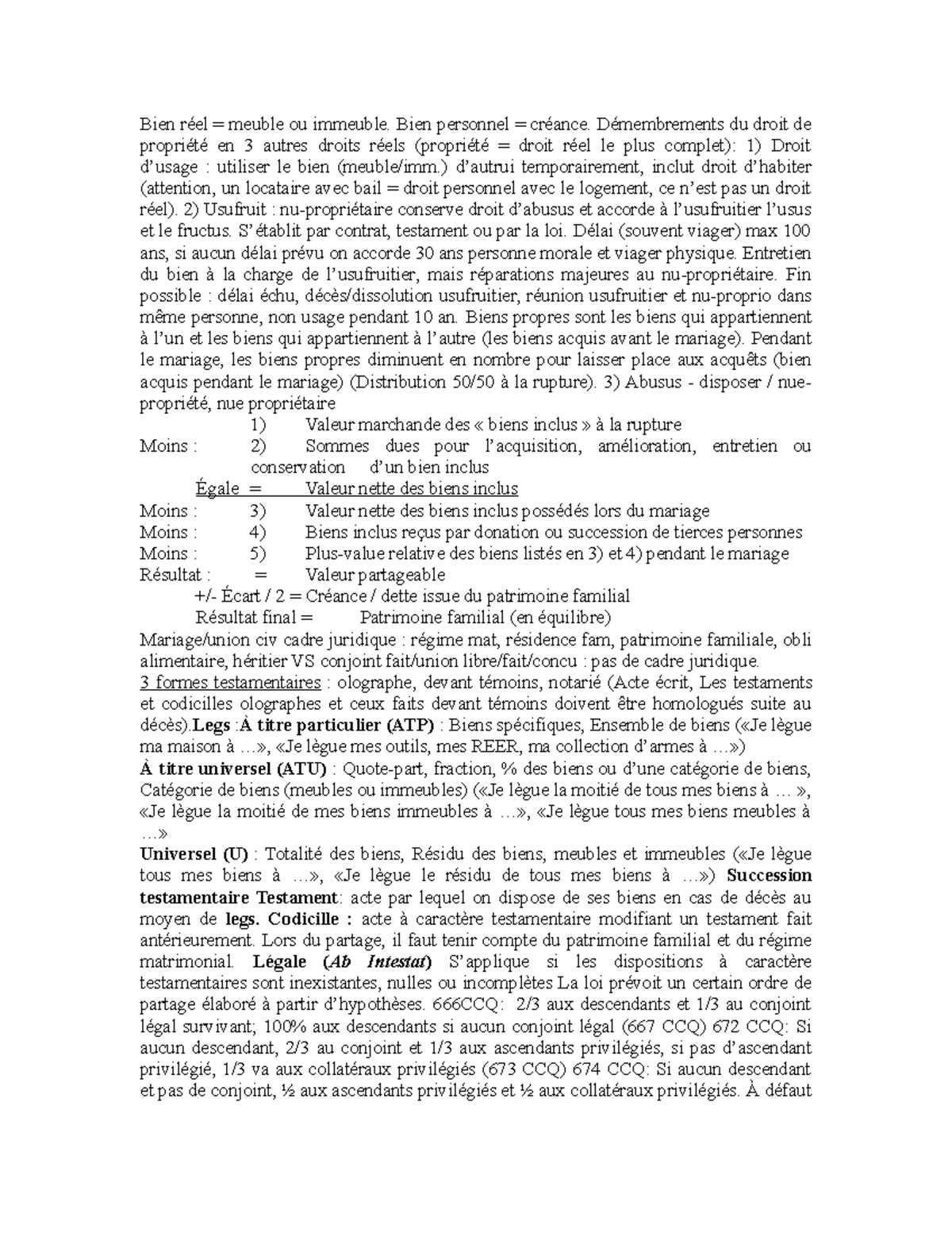 Feuille de notes test 1 - Bien réel = meuble ou immeuble. Bien ...