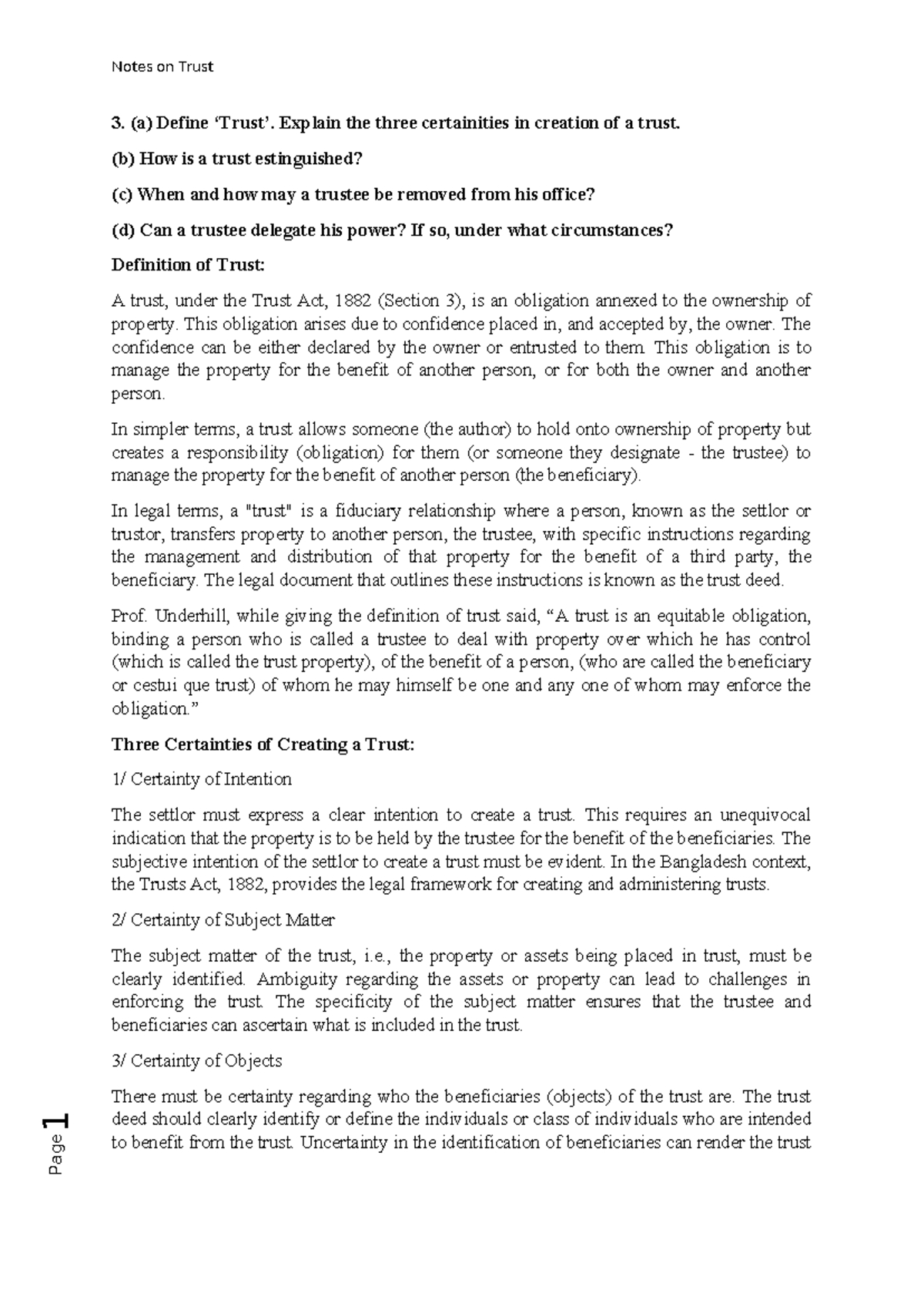 Trust - Transfer of Property Act - Page 1 3. (a) Define ‘Trust ...