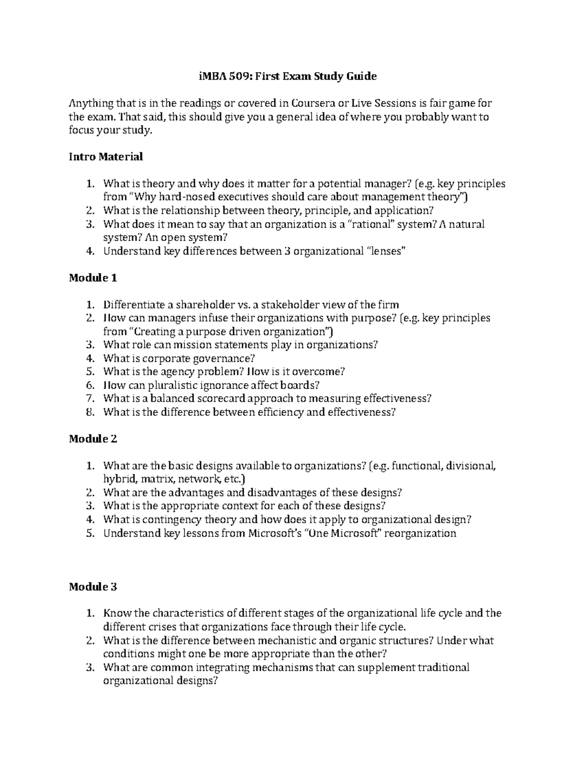 I MBA 509—First Exam Study Guide 2023 - iMBA 509: First Exam Study Guide Anything that is in the ...