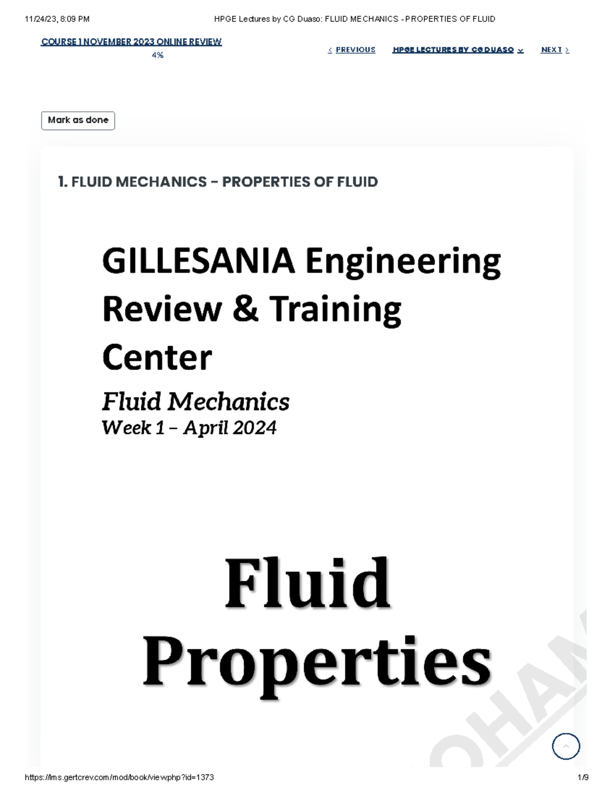 HPGE Lectures by CG Duaso Fluid Mechanics - Properties OF Fluid - Mark ...