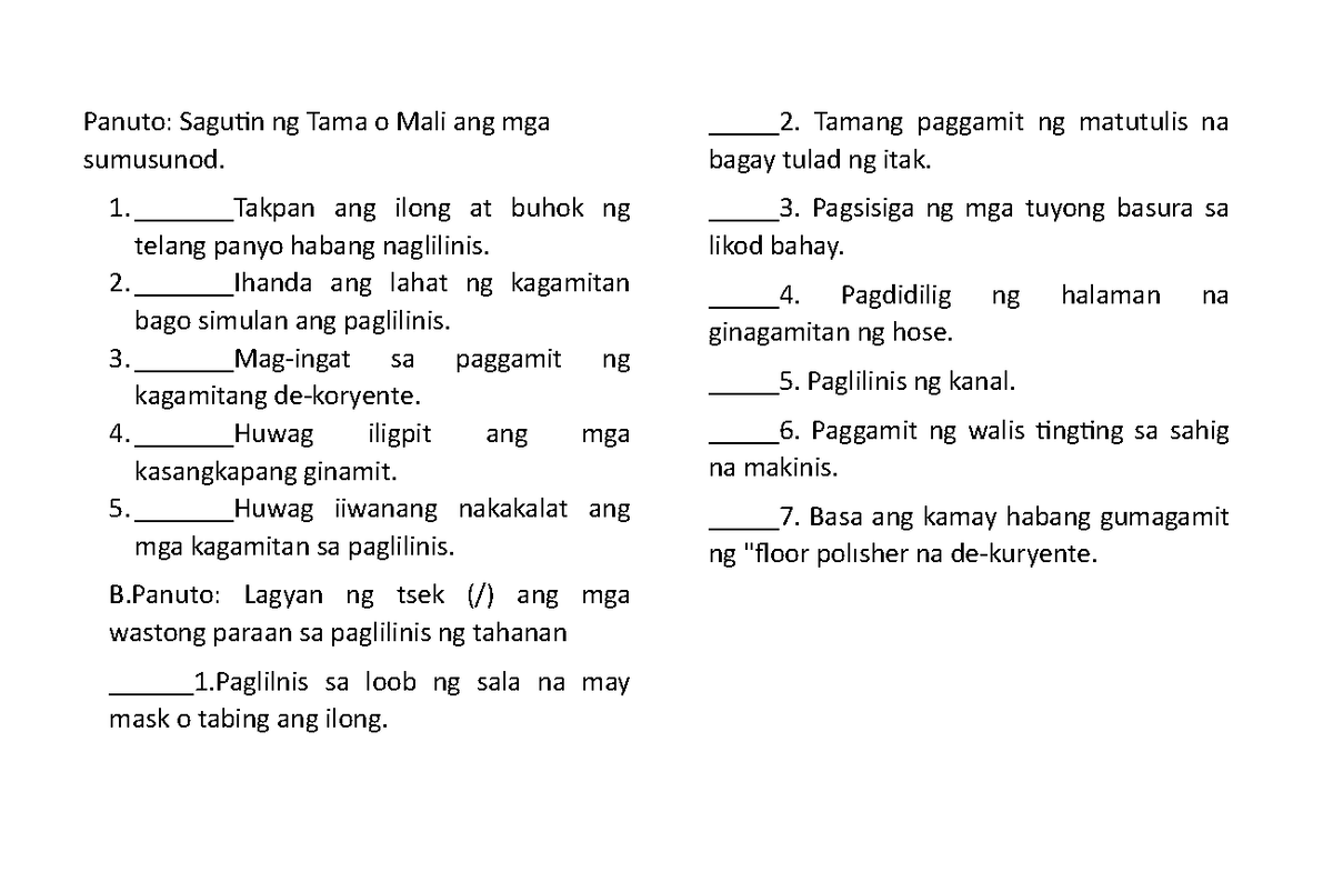 EPP H E Worksheet Panuto Sagutin Ng Tama O Mali Ang Mga Sumusunod