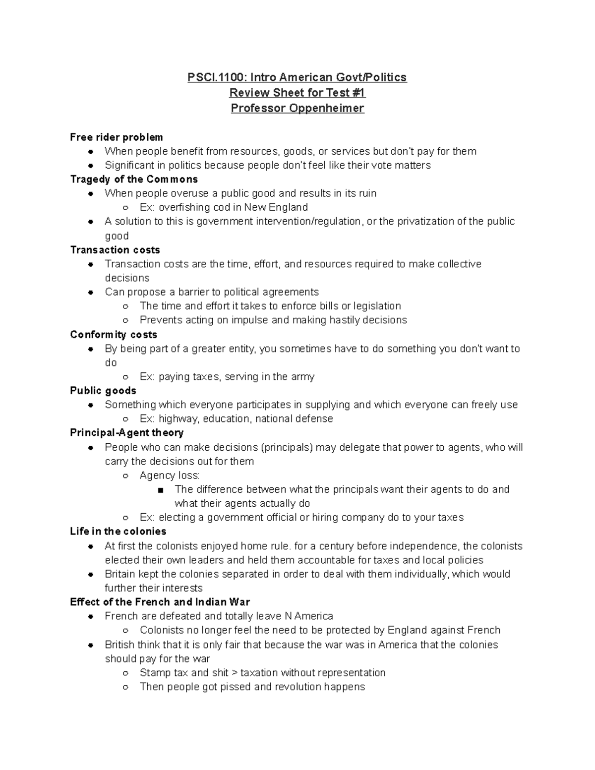 Study Guide Test 1 - PSCI: Intro American Govt/Politics Review Sheet ...