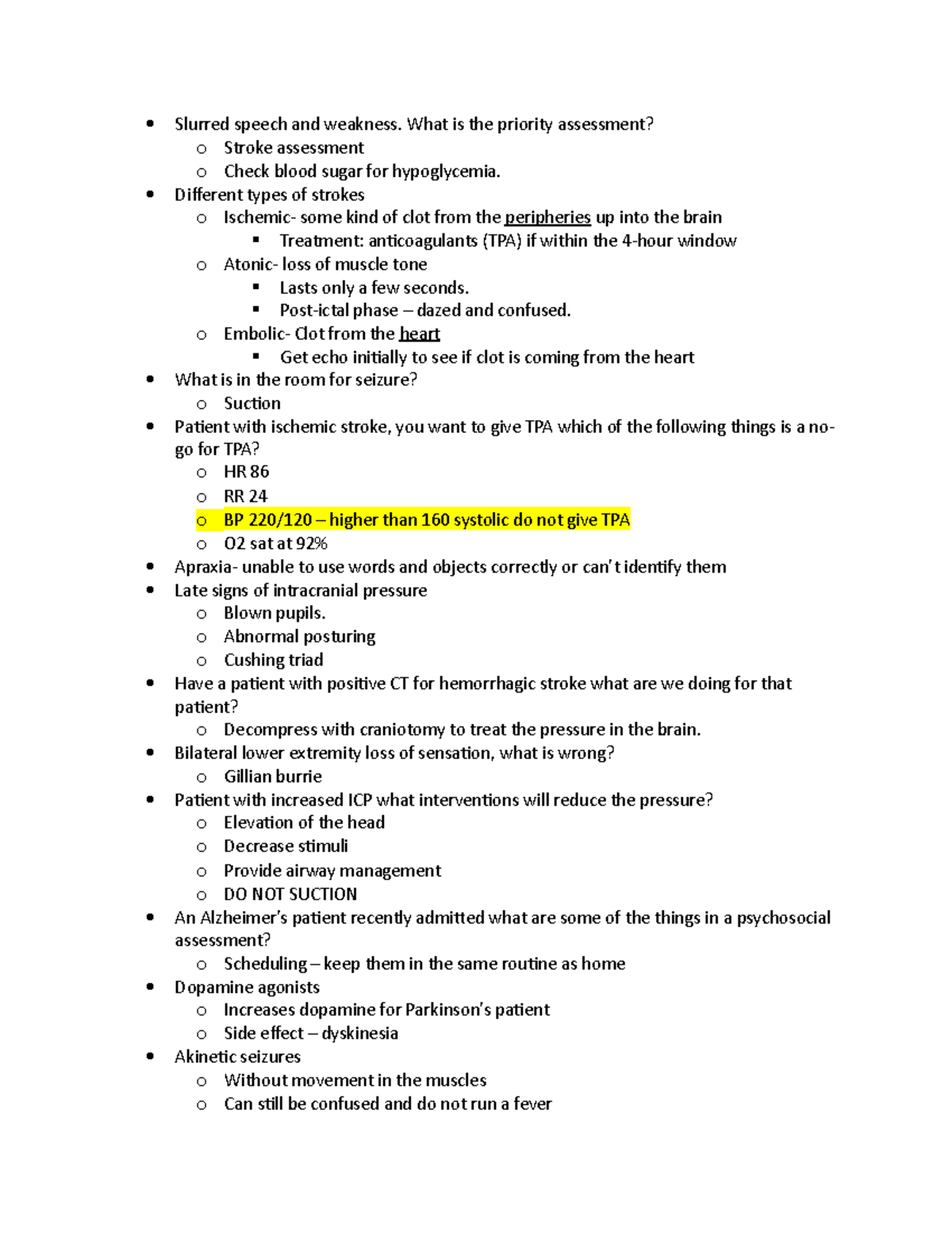 MDC Exam 1 In Class Review - Slurred speech and weakness. What is the ...
