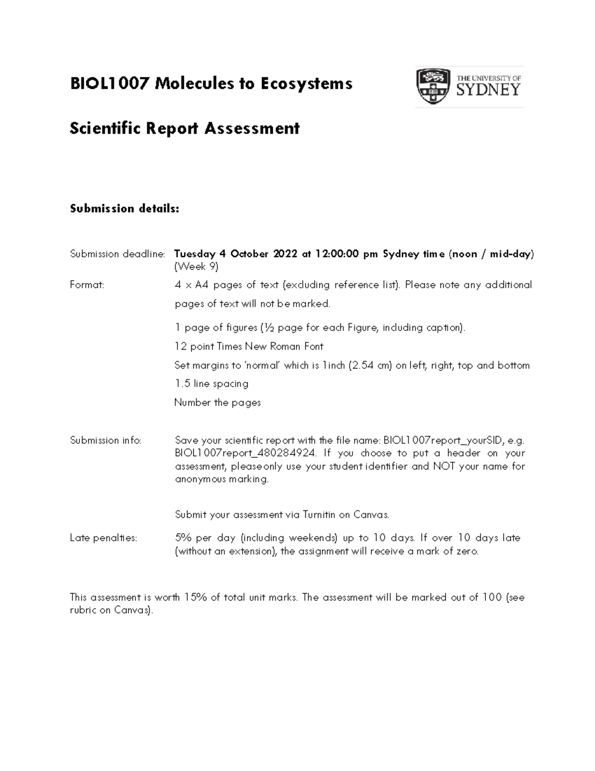 2022 Scientific Report Instructions BIOL1007 final - BIOL1 007 ...