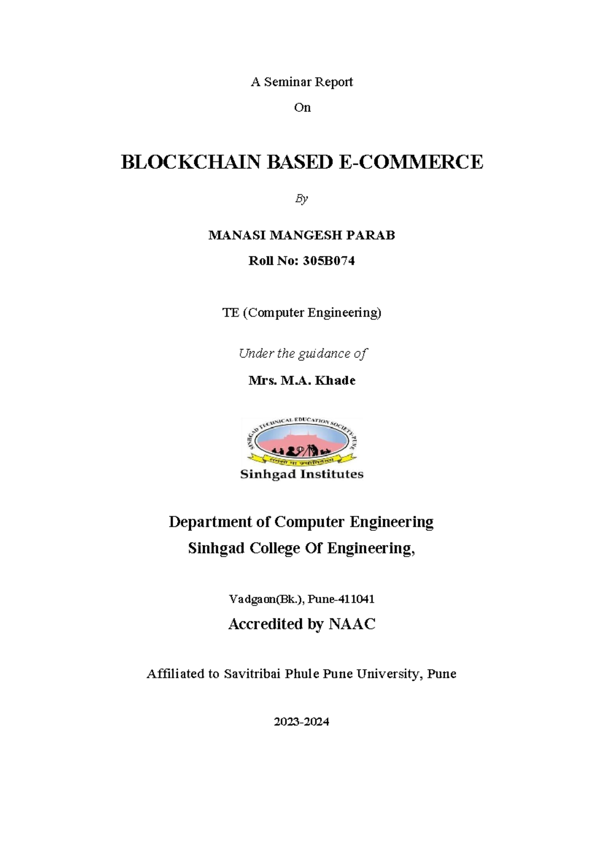 Mansi report - A Seminar Report On BLOCKCHAIN BASED E-COMMERCE By ...