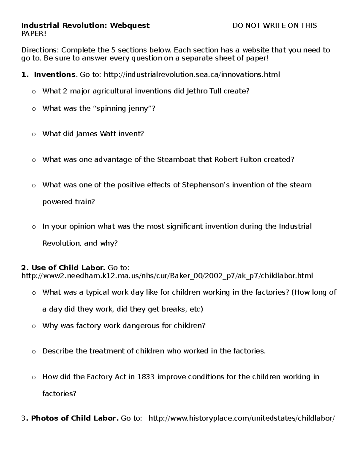 Industrial revolution webquest - Each section has a website that you ...