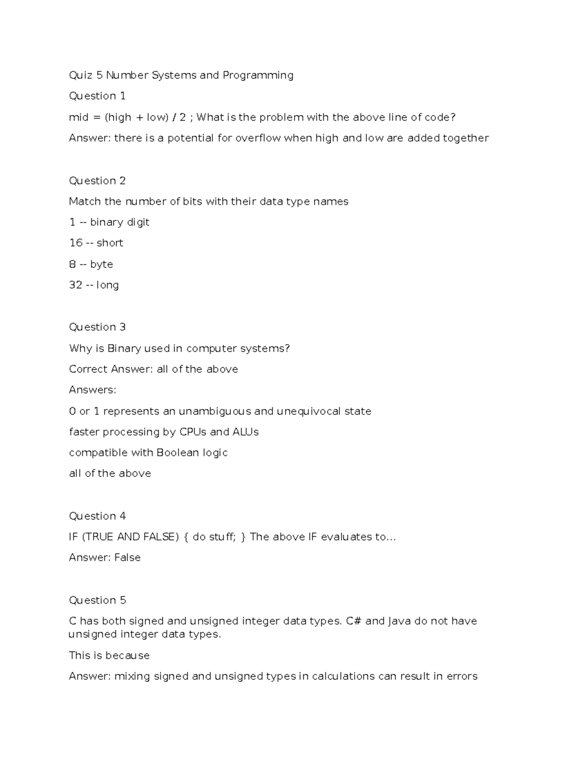 Quiz 5 Number Systems and Programming - Tech 104 - Humber College - Studocu