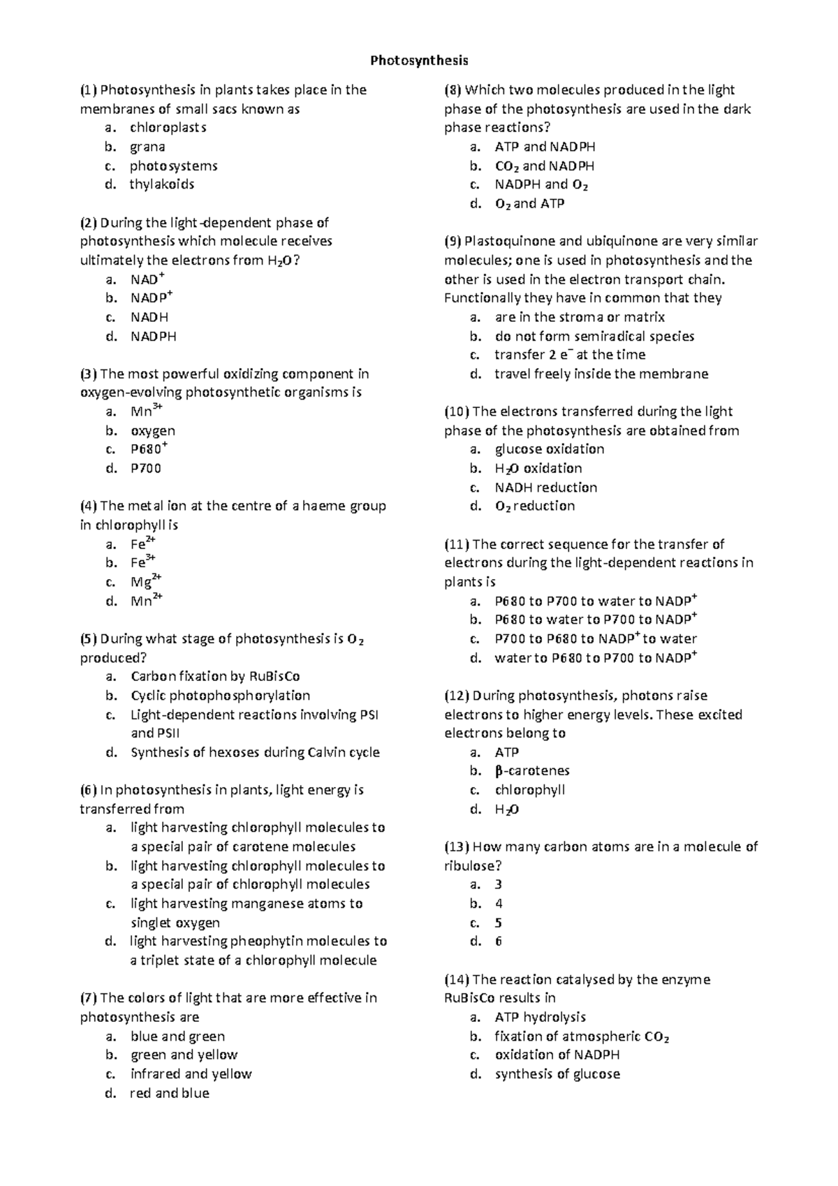 Revision Questions L19L20 - Photosynthesis (1) Photosynthesis in plants ...