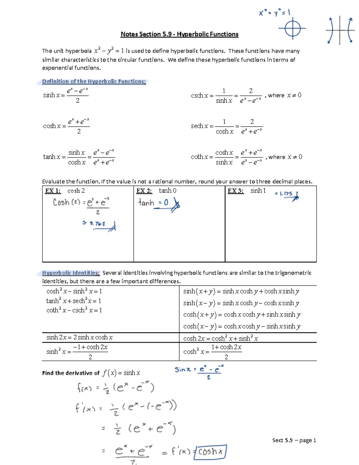 Ch 5.9 hyperbolic functions - Notes Section 5 - Hyperbolic Functions ...
