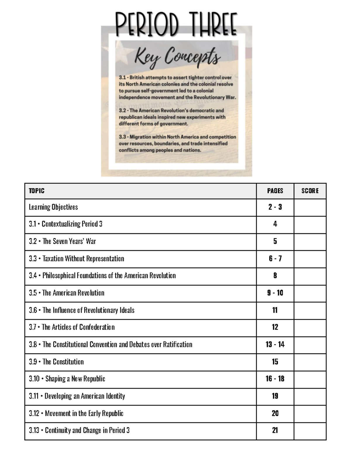 Amsco Topic Workbook - Period 3 - TOPIC PAGES SCORE Learning Objectives ...