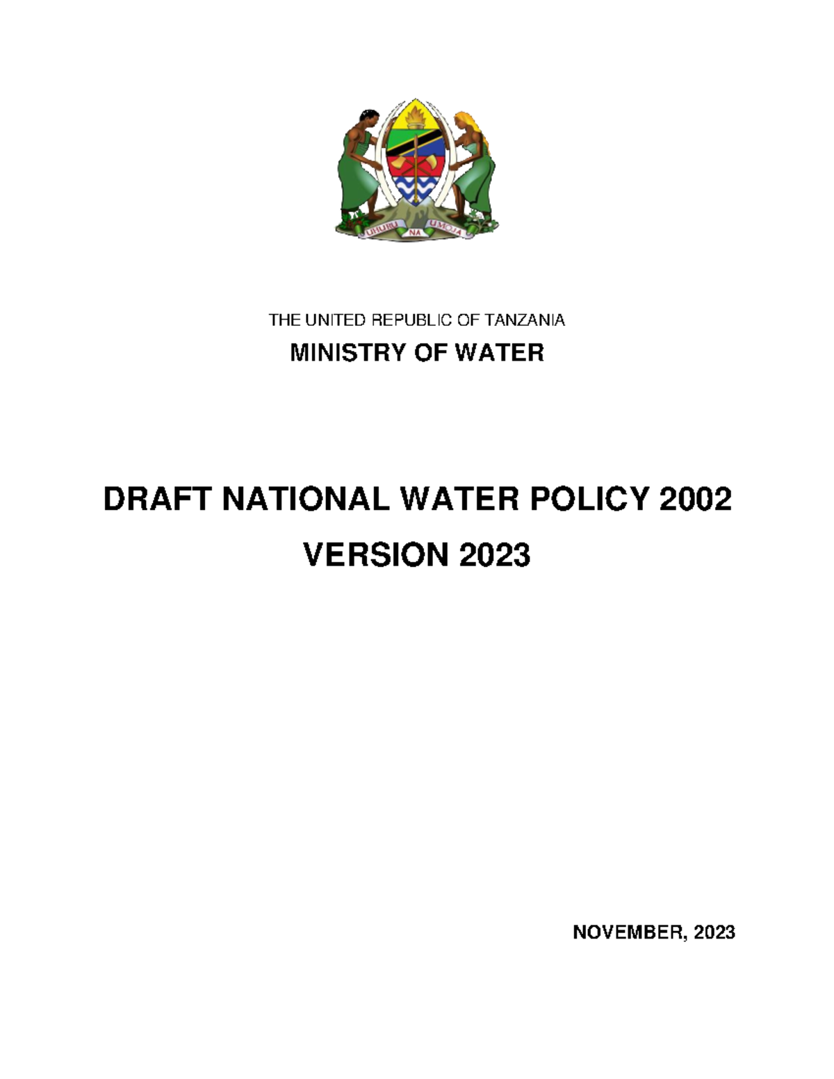 Draft National Water Policy 2023 - THE UNITED REPUBLIC OF TANZANIA ...