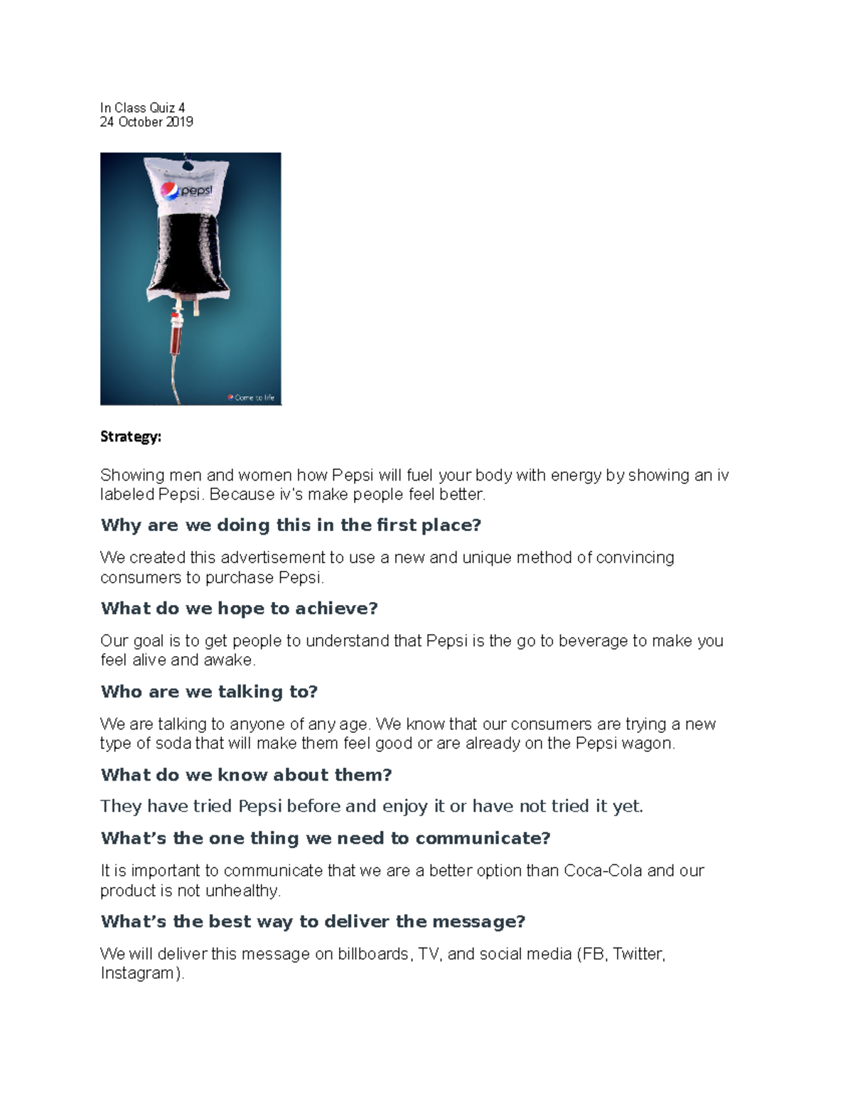 In class quiz 4 - Quiz on creative briefs. - In Class Quiz 424 October ...