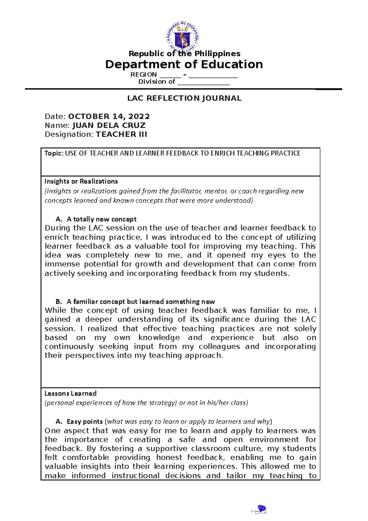 .. Reflection Journal Sample - Republic of the Philippines Department ...