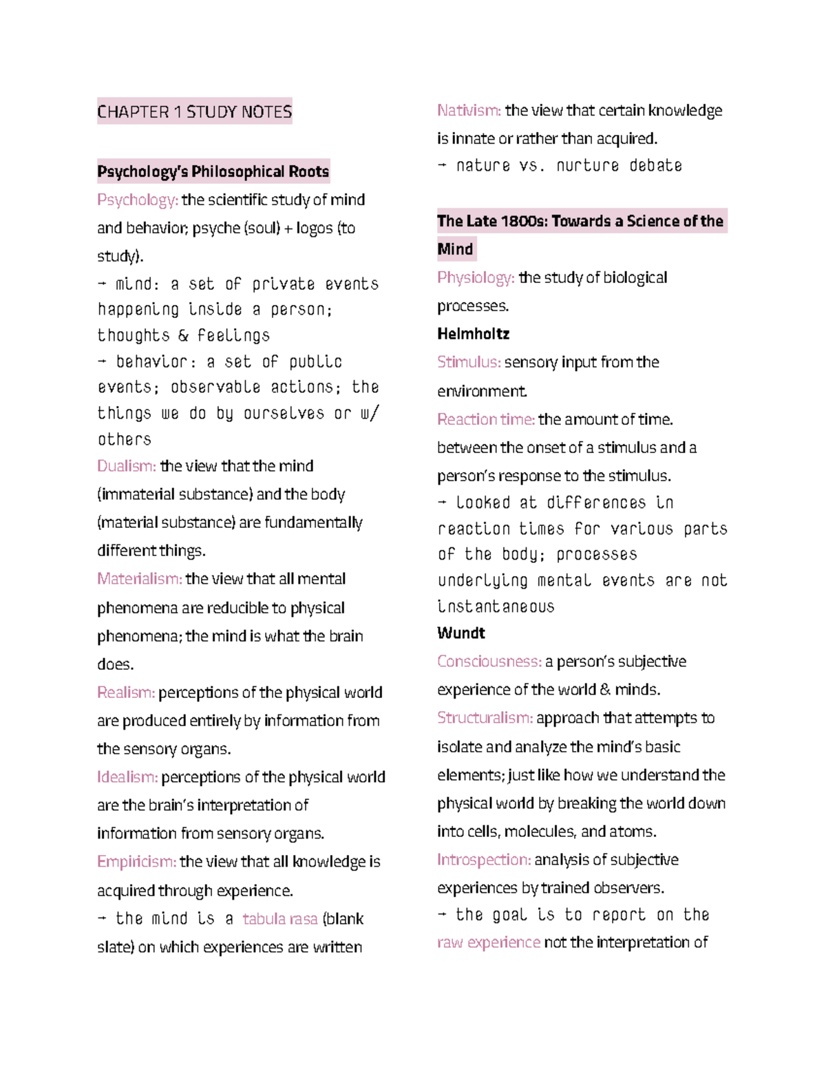 Chapter 1 2 Study Notes - CHAPTER 1 STUDY NOTES Psychology’s ...