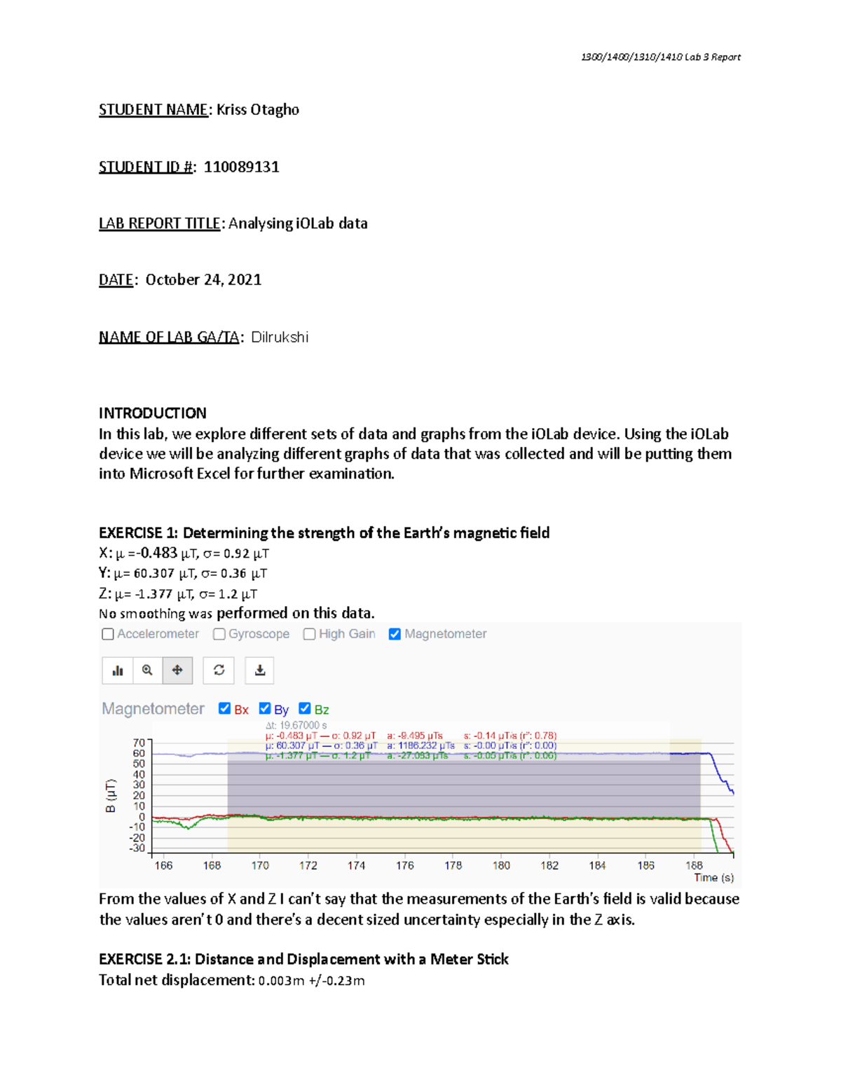 LAB 3 - Lab Report Using the iOLab vvvv - physics1400 - U of W - Studocu