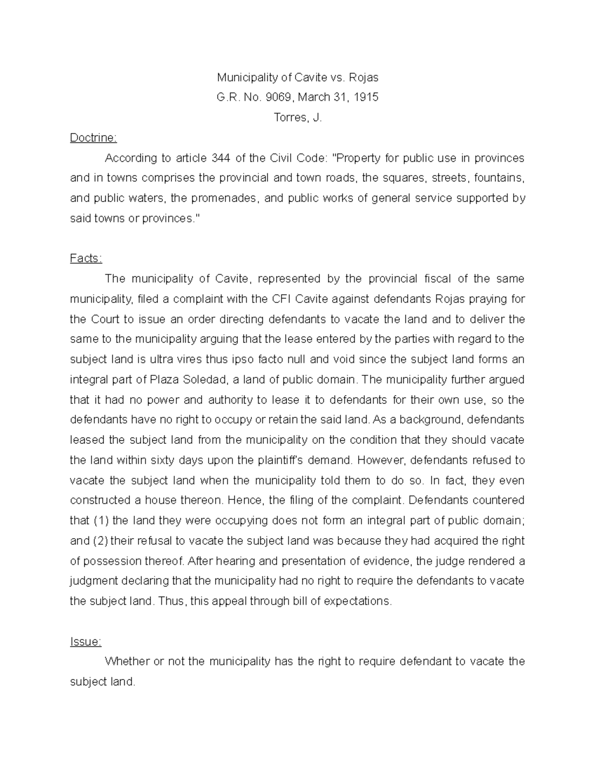 G.R. No. 9069 - Property Case Digest - Municipality of Cavite vs. Rojas ...