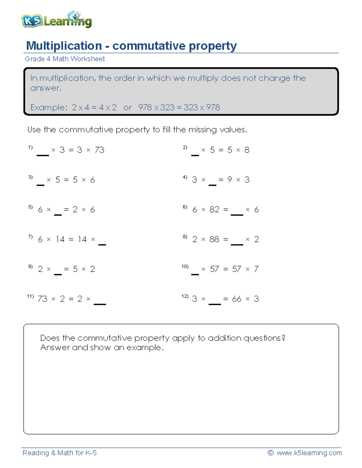 Grade 4 multiplication commutative property a - Reading & Math for K-5 ...