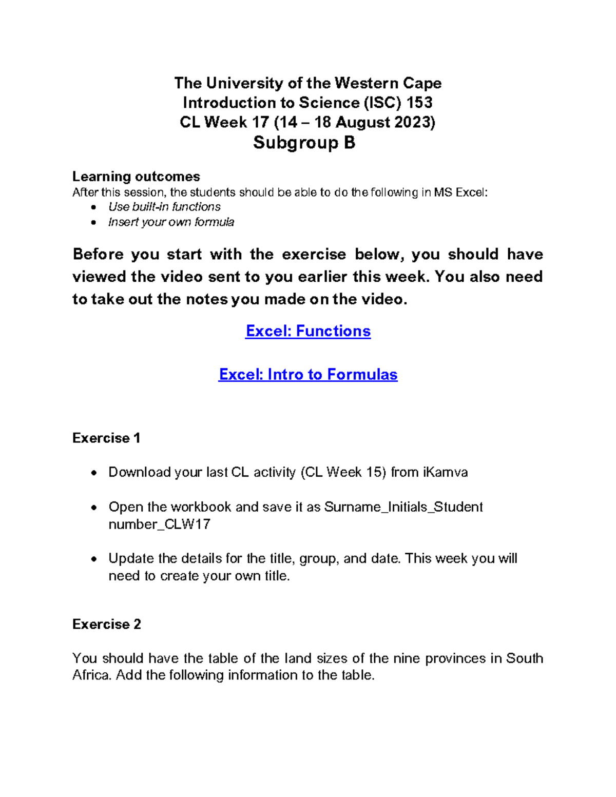 CL Week 17 - NOTES - The University of the Western Cape Introduction to ...