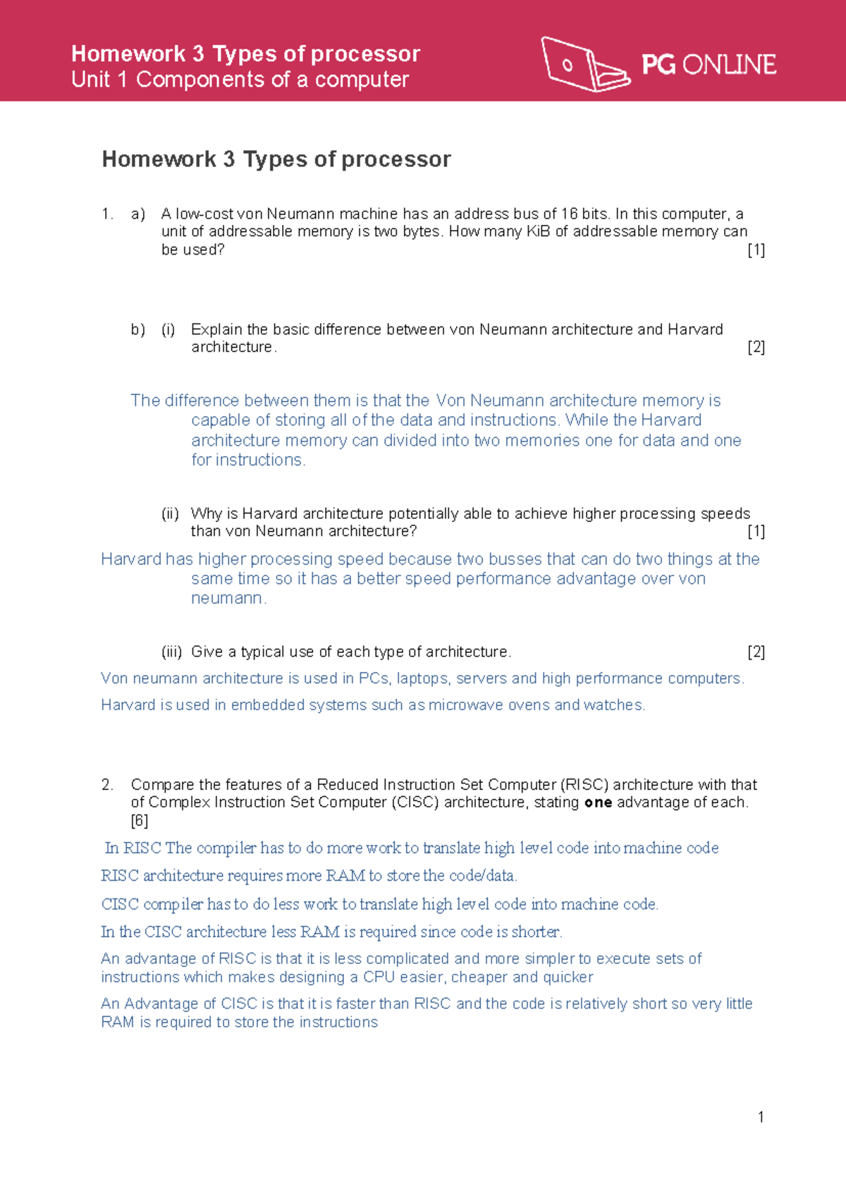 Computer components Homework 3 -L1 - Homework 3 Types of processor Unit ...