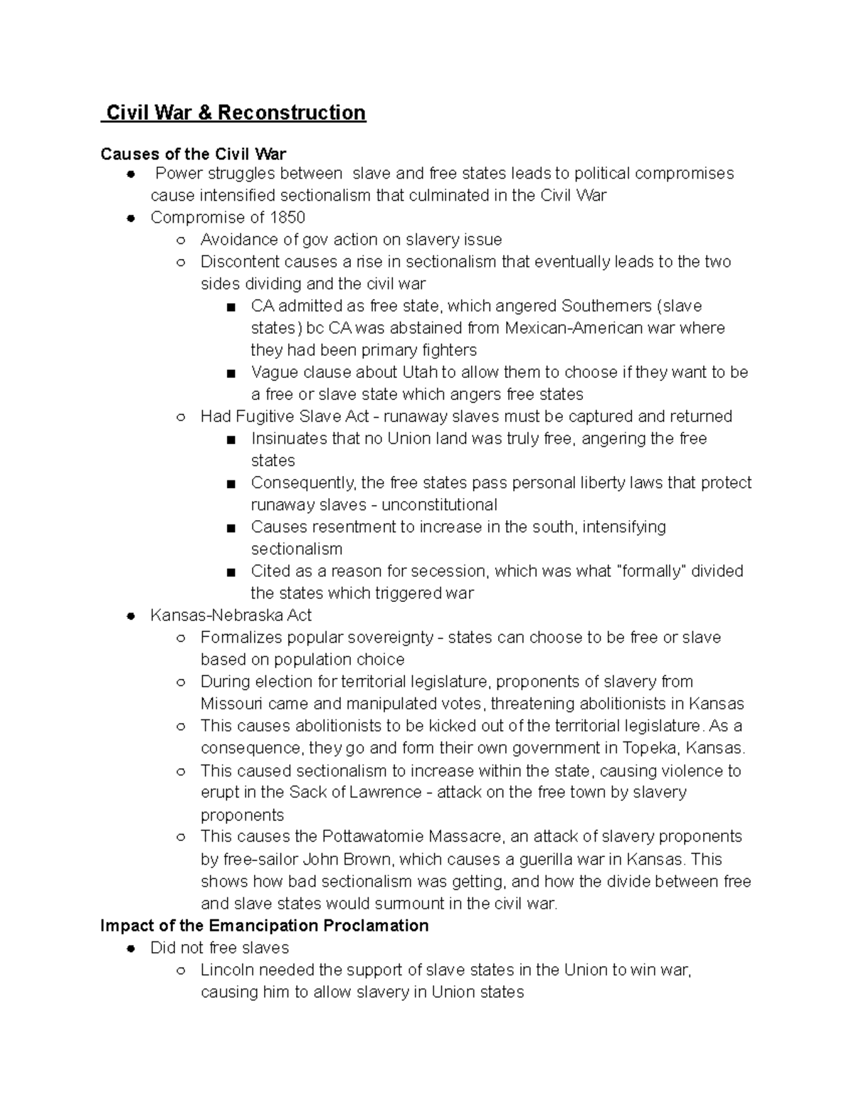 SS Final Prep - Civil War & Reconstruction Causes of the Civil War ...