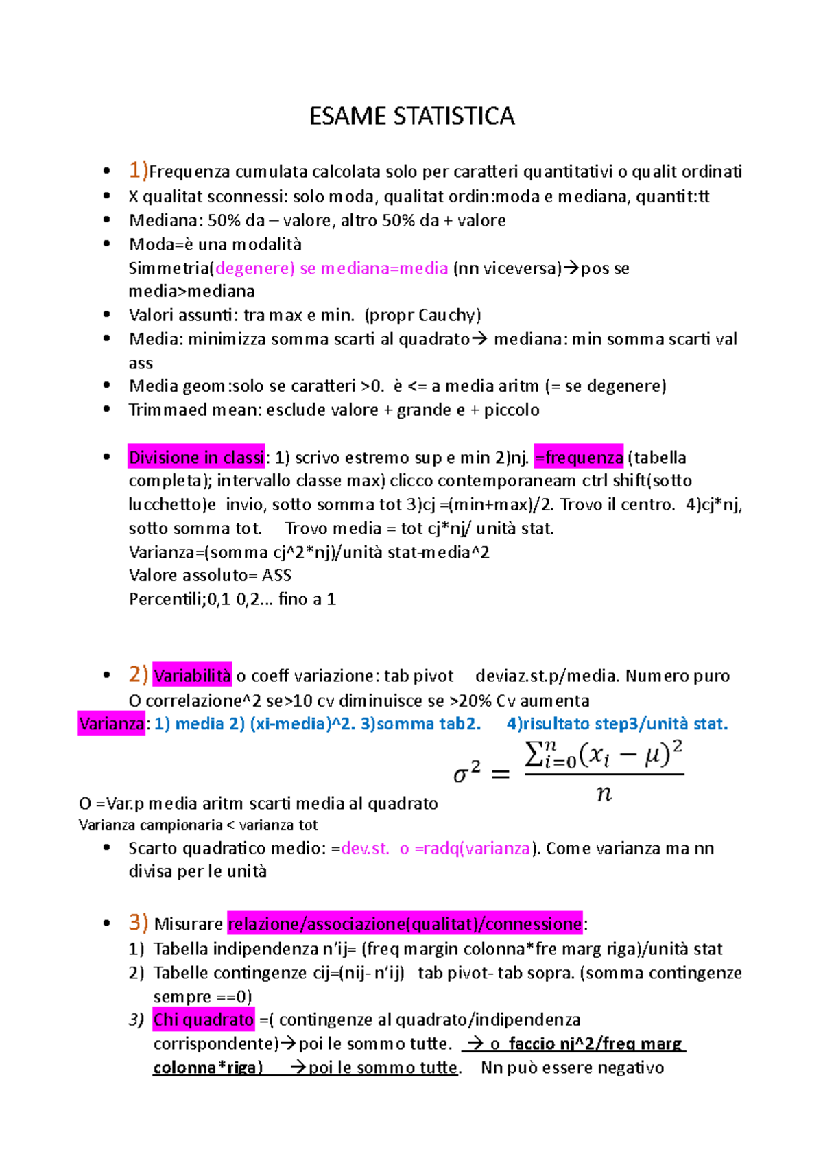 Esame Statistica - riassunto con formule excel - ESAME STATISTICA 1)Frequenza cumulata calcolata ...
