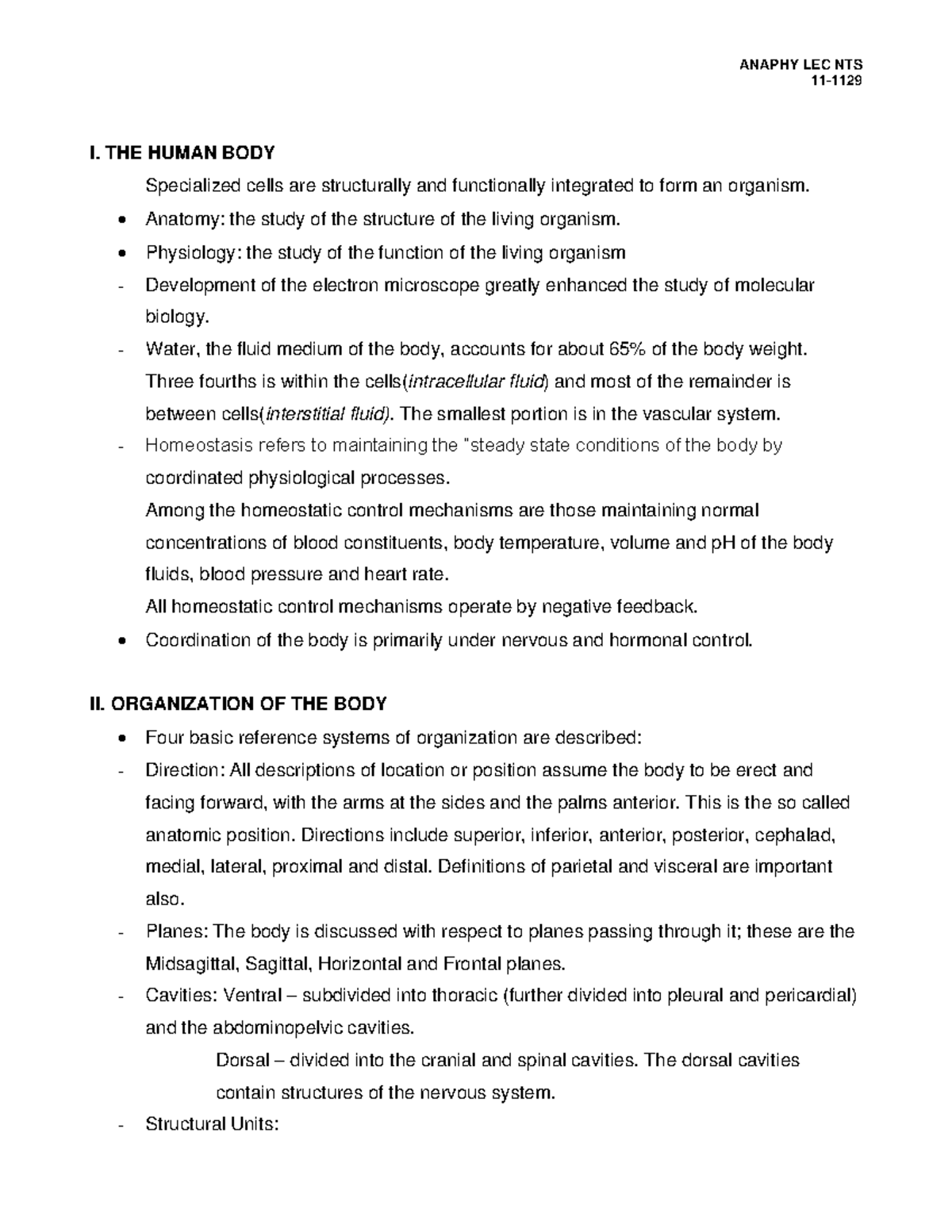 Over view of anaphy - 11- I. THE HUMAN BODY Specialized cells are ...