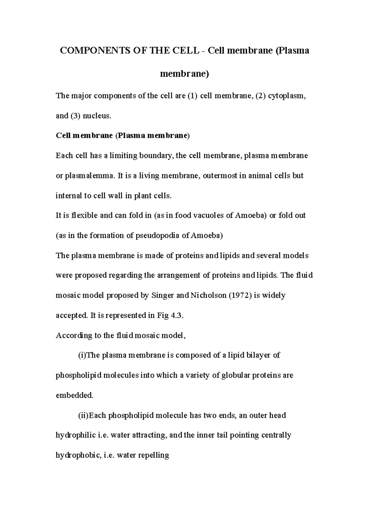 Components OF THE CELL - COMPONENTS OF THE CELL - Cell membrane (Plasma ...
