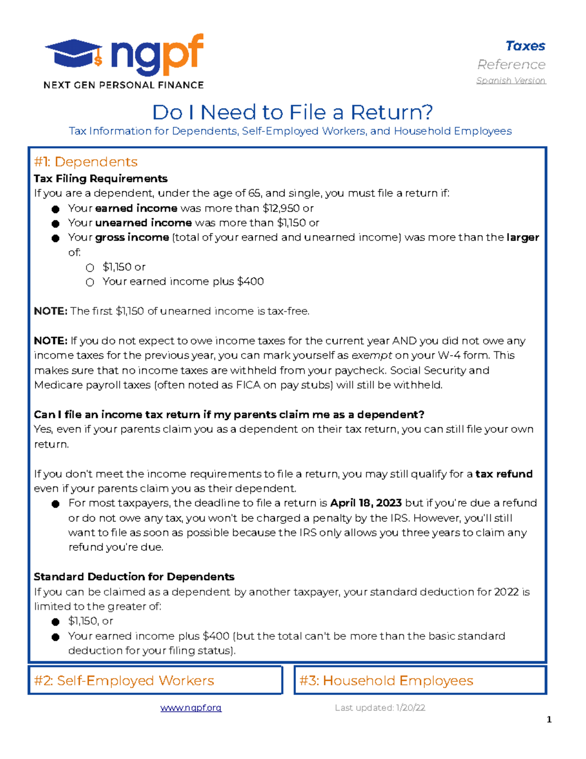 Reference Do I Need to File a Return - Taxes Reference Spanish Version ...