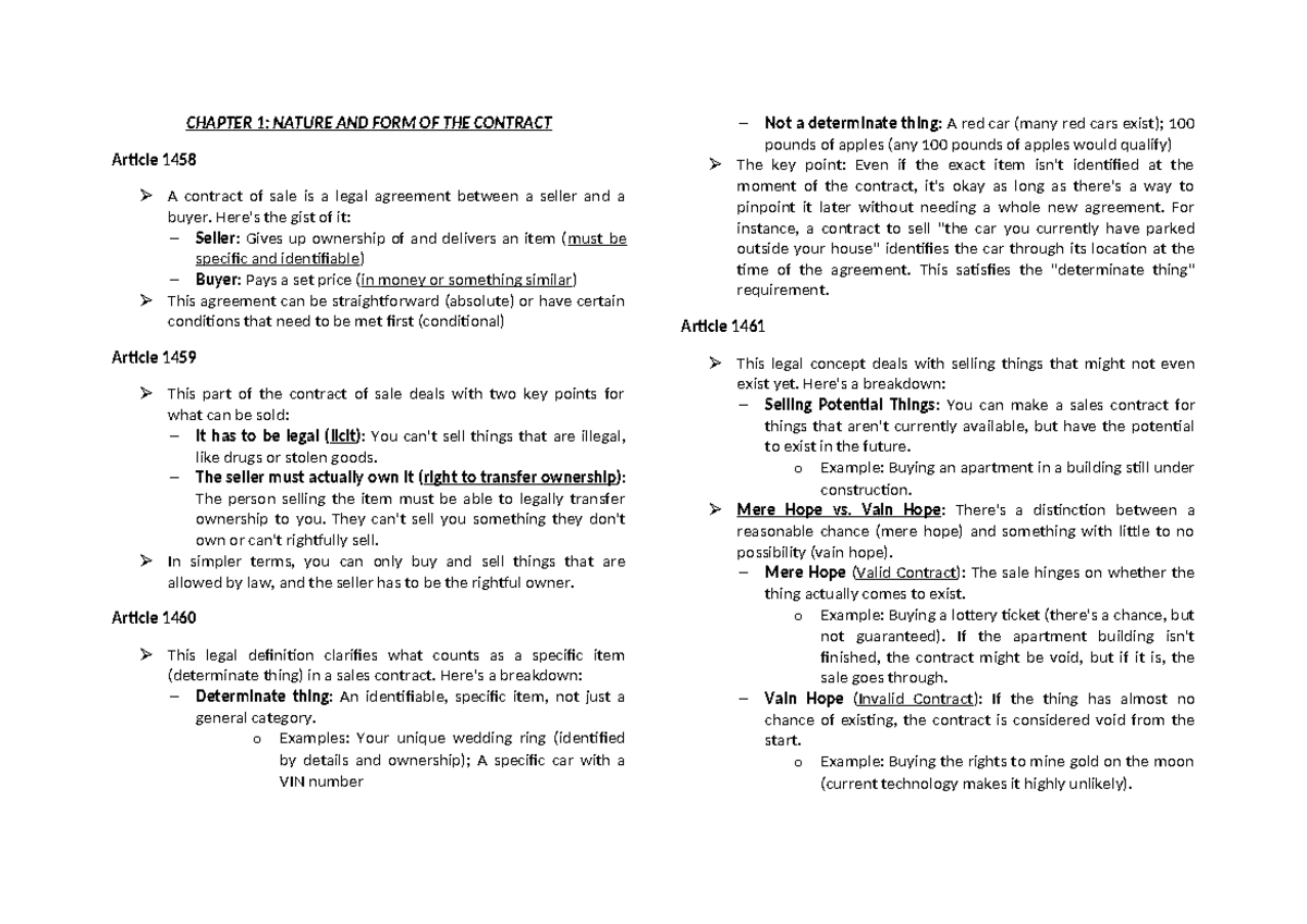 LAW Reviewer - CHAPTER 1: NATURE AND FORM OF THE CONTRACT Article 1458 ...