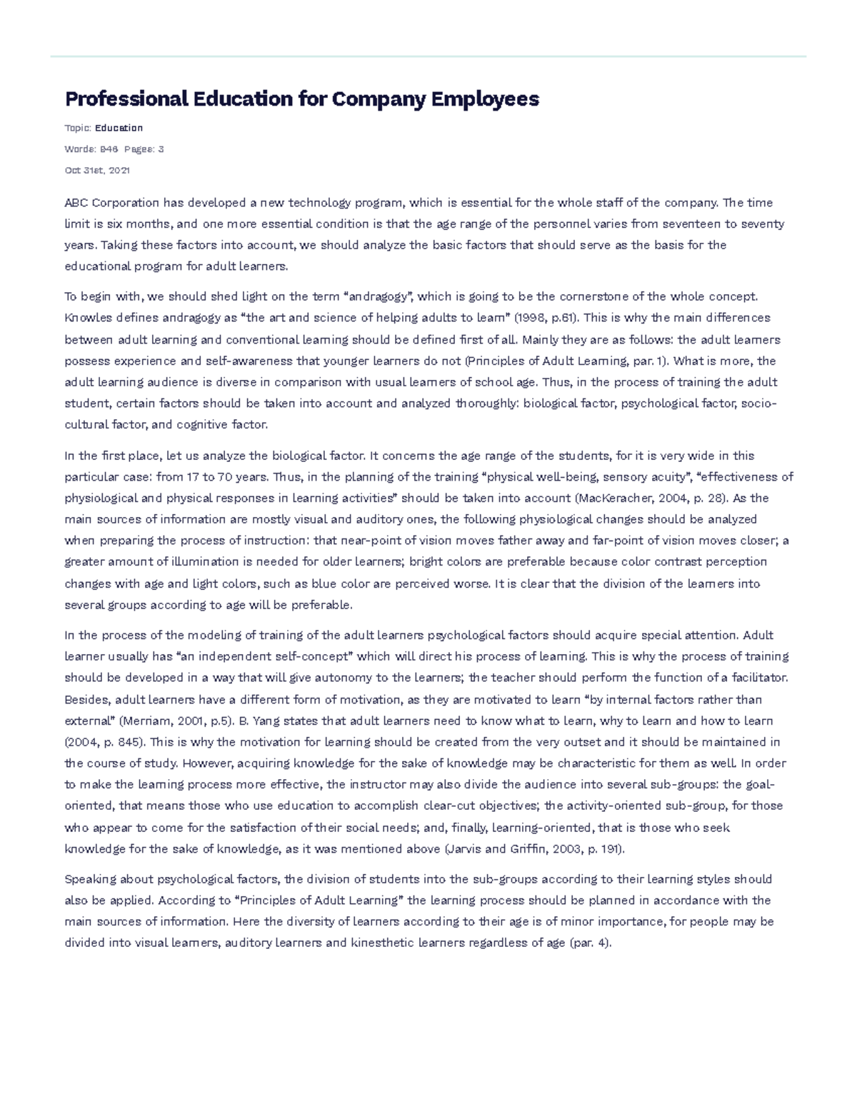 Professional Education for Company Employees Free Essay Example ...