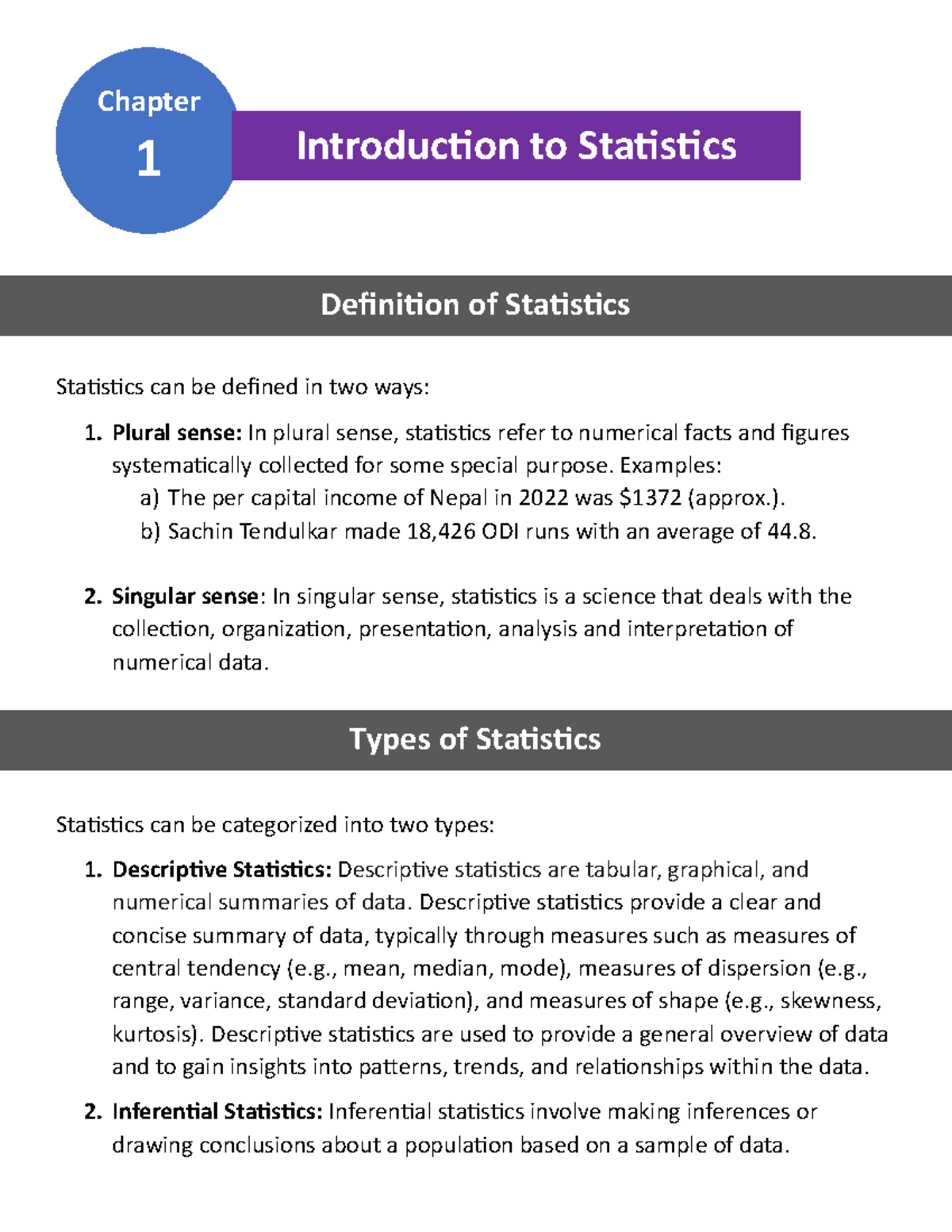 Stat notes - Statistics can be defined in two ways: 1. Plural sense: In ...