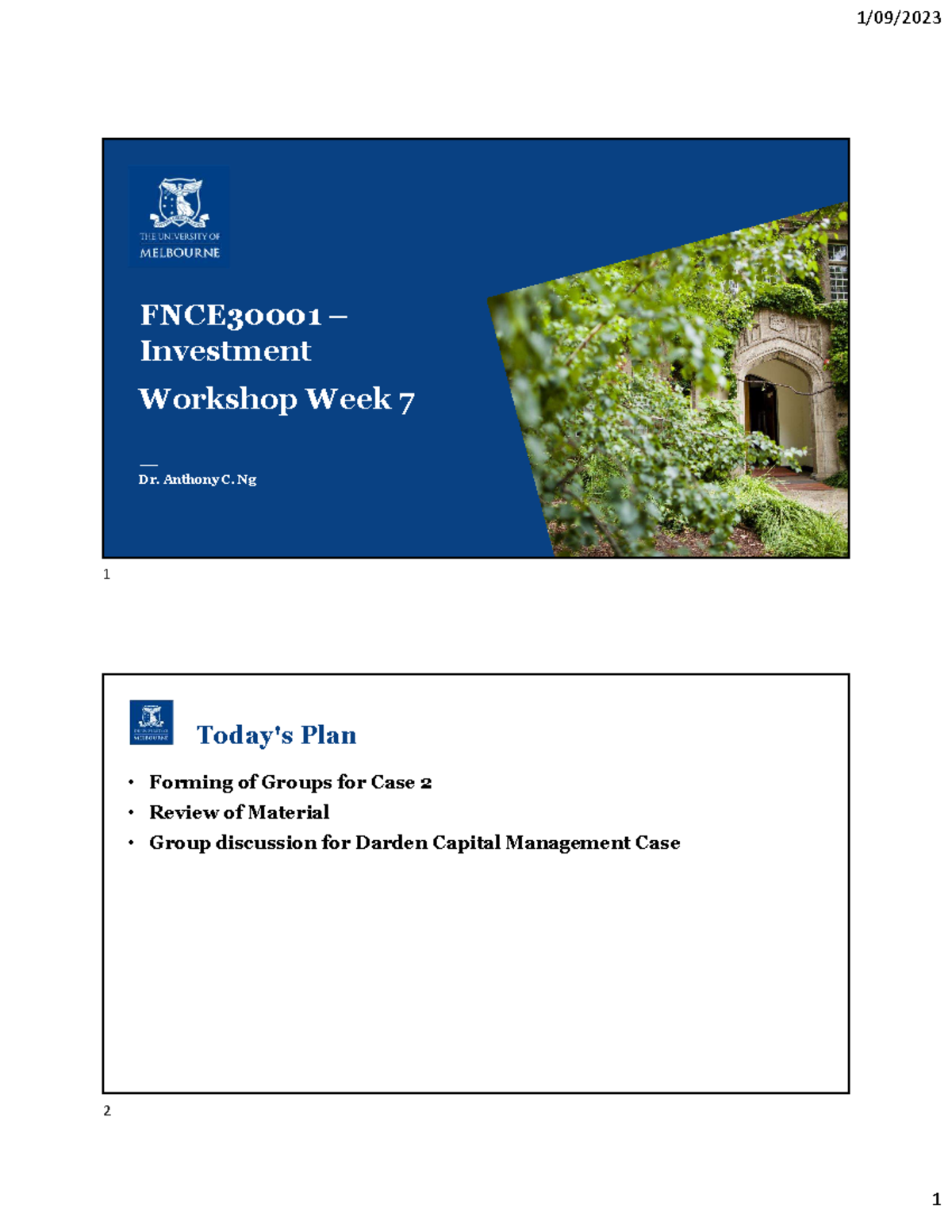 Week 7 Tutorial Slides Fnce30001 Investment Workshop Week 7 Dr Anthony C Ng Today S Plan