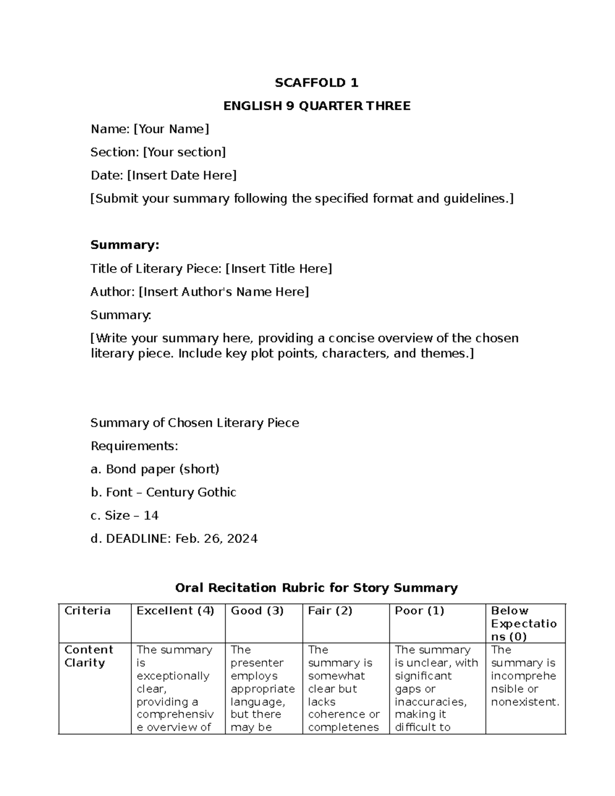 Scaffold 1 Q3 ORAL Recitation Story Summary - SCAFFOLD 1 ENGLISH 9 ...