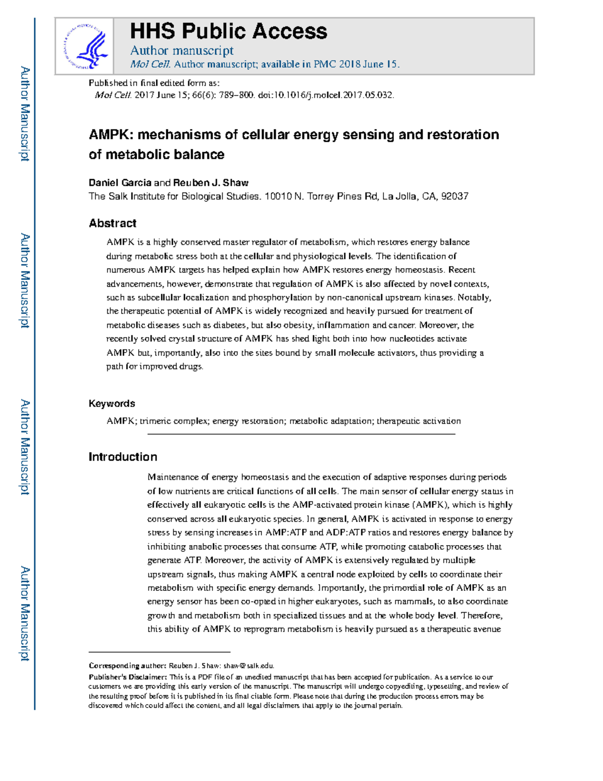 AMPK mechanisms of cellular energy sensing and restoration of metabolic balance - Shaw The Salk ...