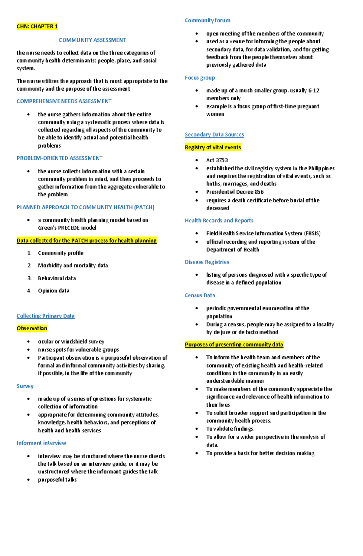 CHN Chapter 1 - n/a - CHN: CHAPTER 1 COMMUNITY ASSESSMENT the nurse ...