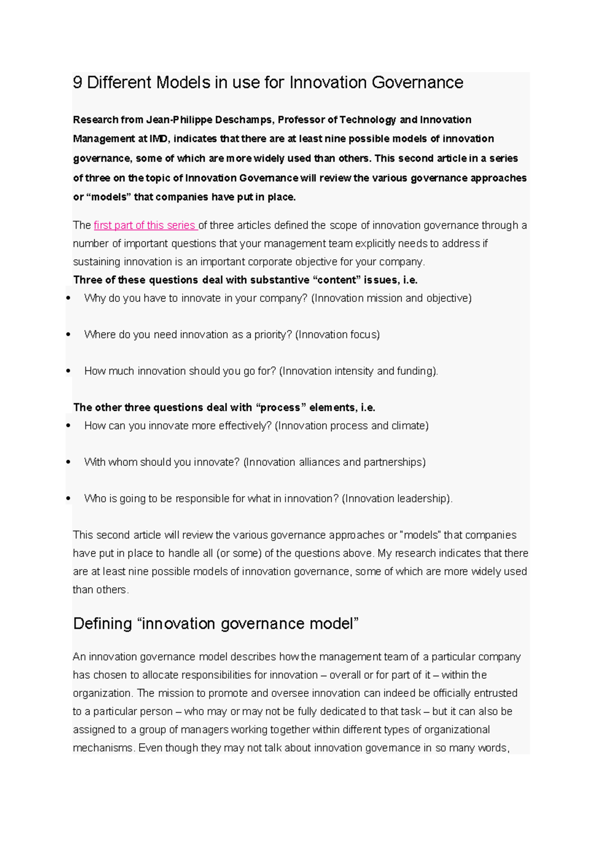 9 Different Models in use for Innovation Governance - 9 Different ...