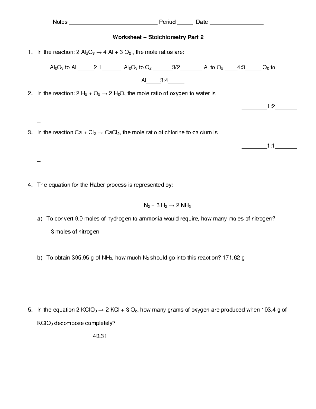 Worksheet - Stoichiometry Part 2 - Notes ...
