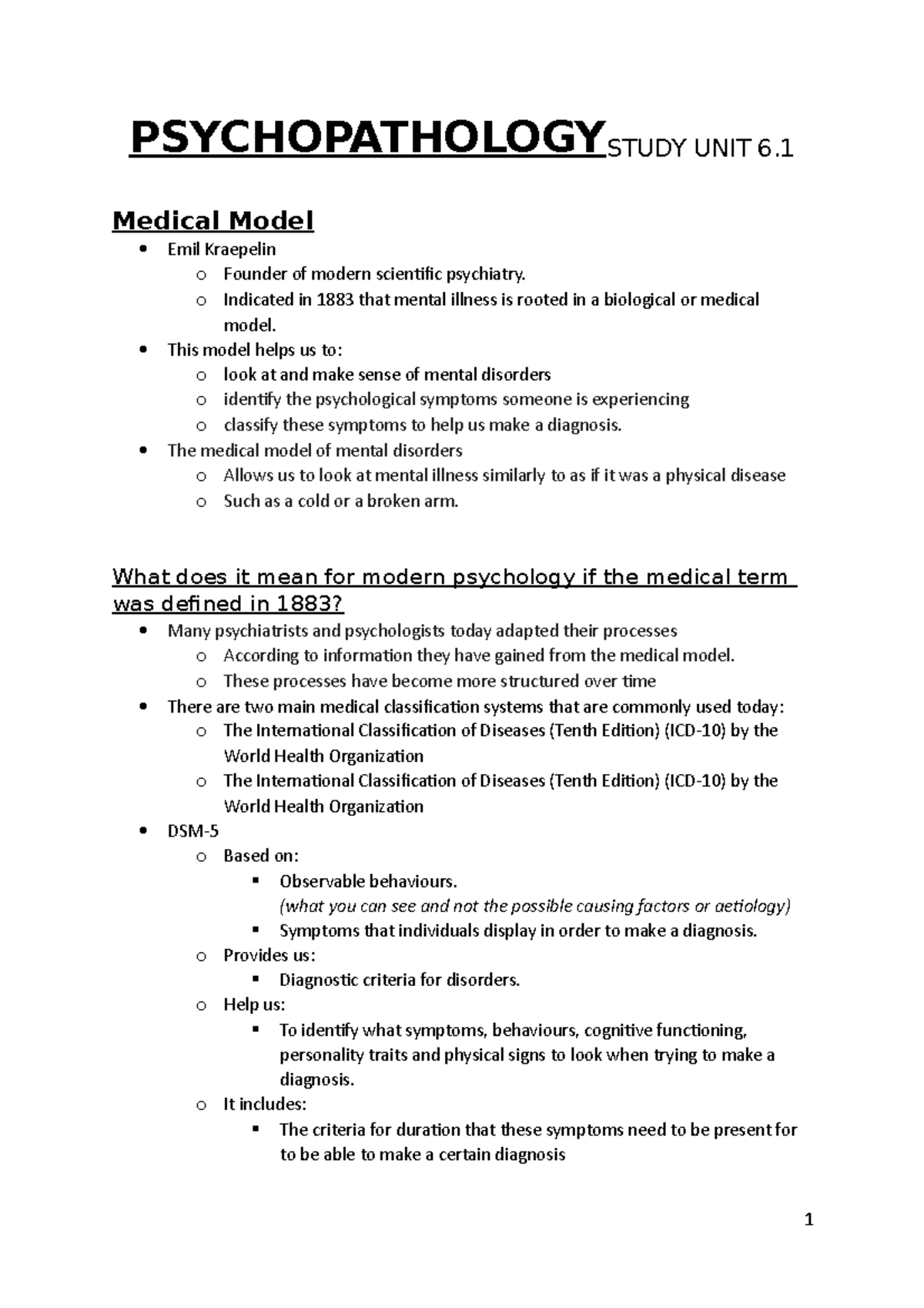 Psychopathologystudy - PSYCHOPATHOLOGYSTUDY UNIT 6. Medical Model Emil ...