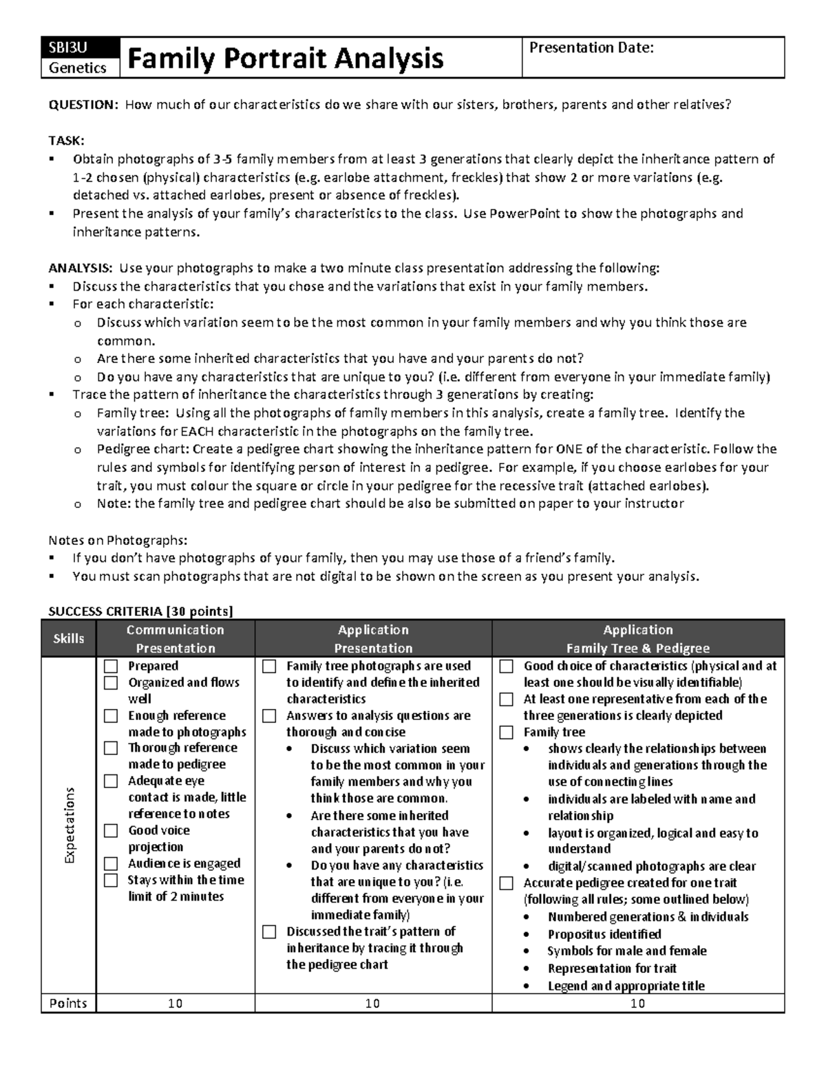 Genetics Family Portrait Analysis - SBI3U Genetics Family Portrait ...