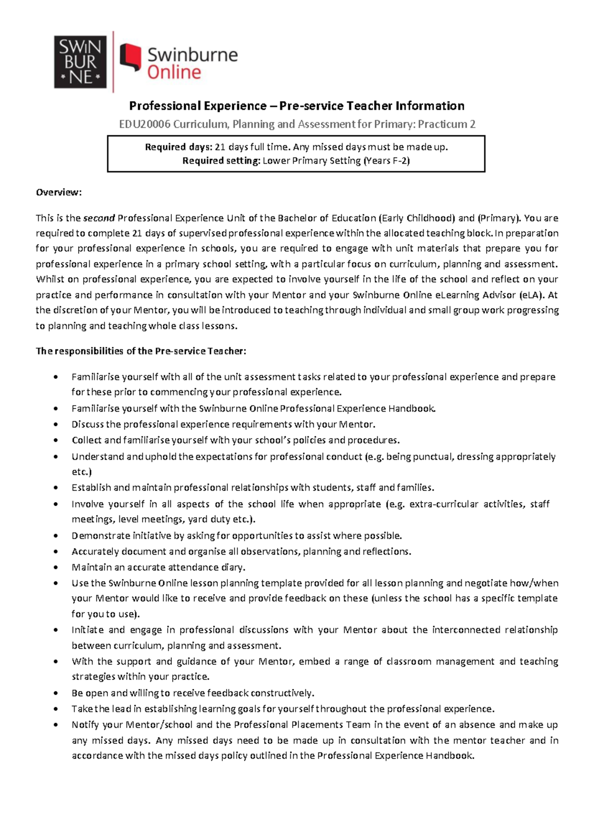 Placement Expectations and Requirements pack EDU2000 6 updated ...
