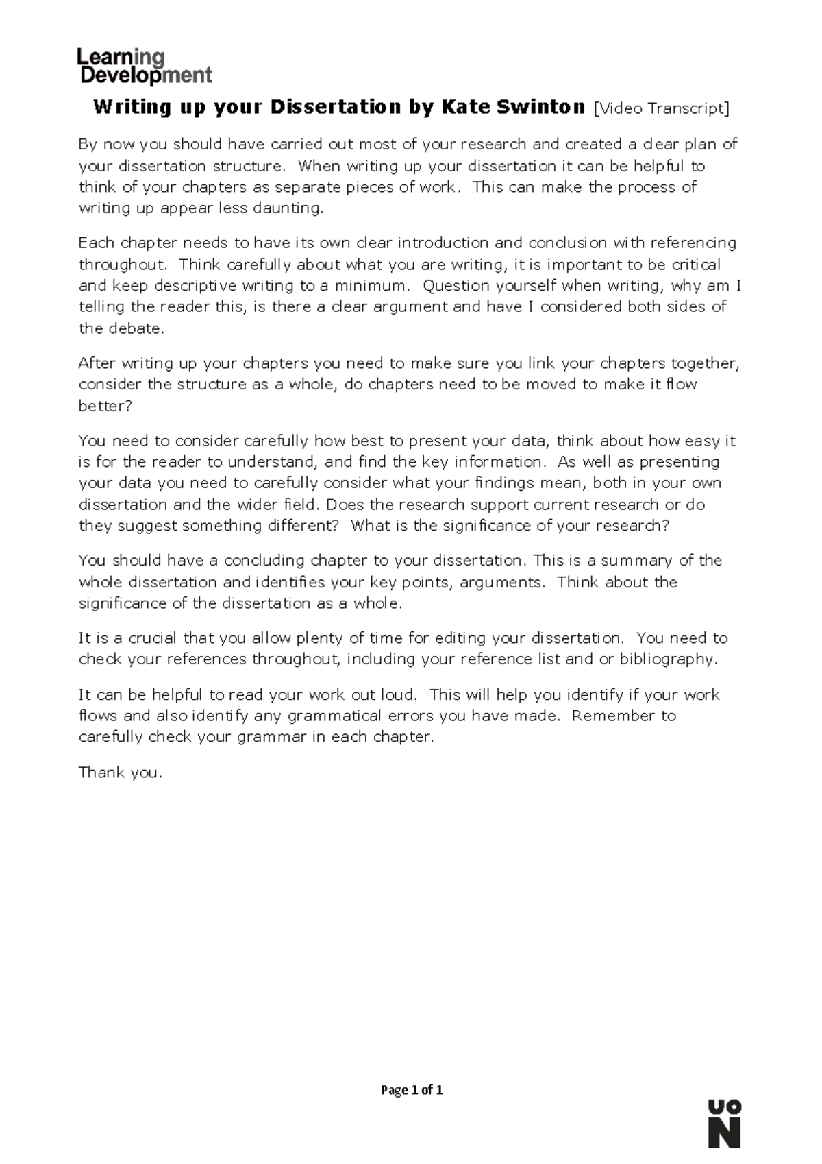 Writing up your dissertation transcript Jul 2020 - Writing up your ...