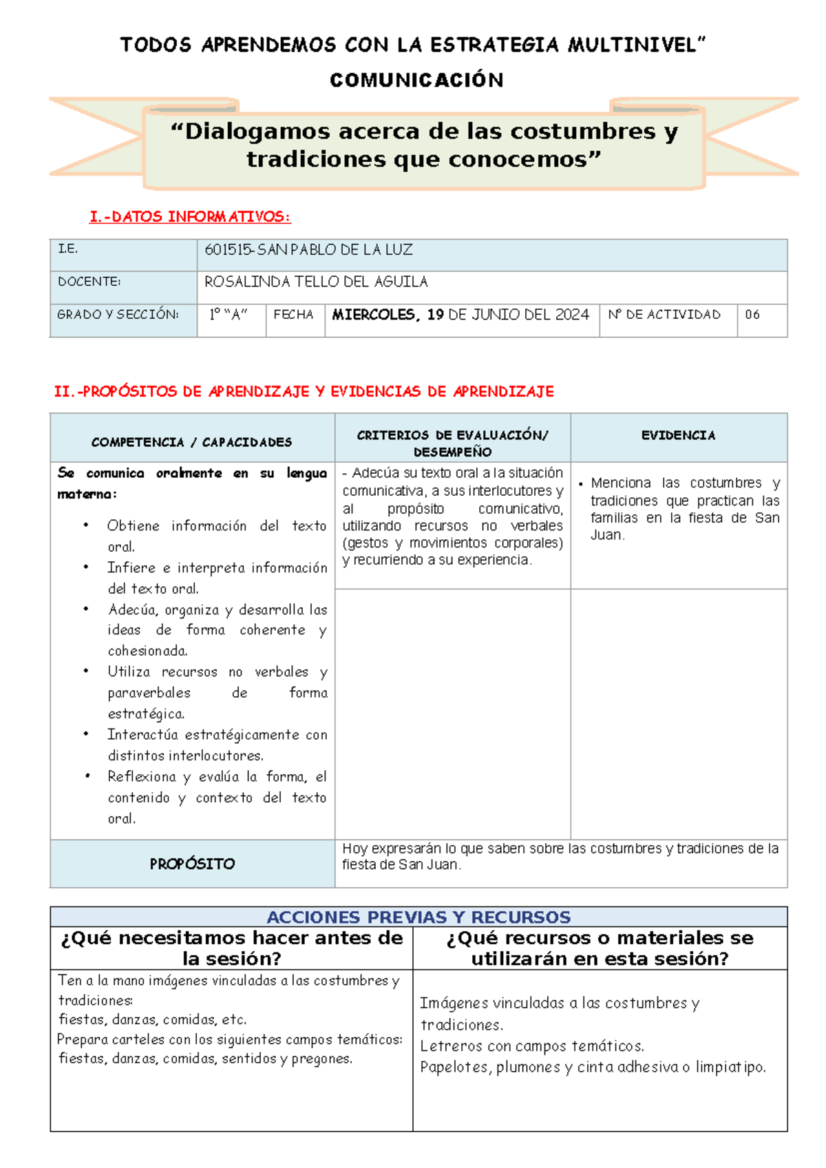Sesión Miércoles 19-06-24 Comunicación - TODOS APRENDEMOS CON LA ...