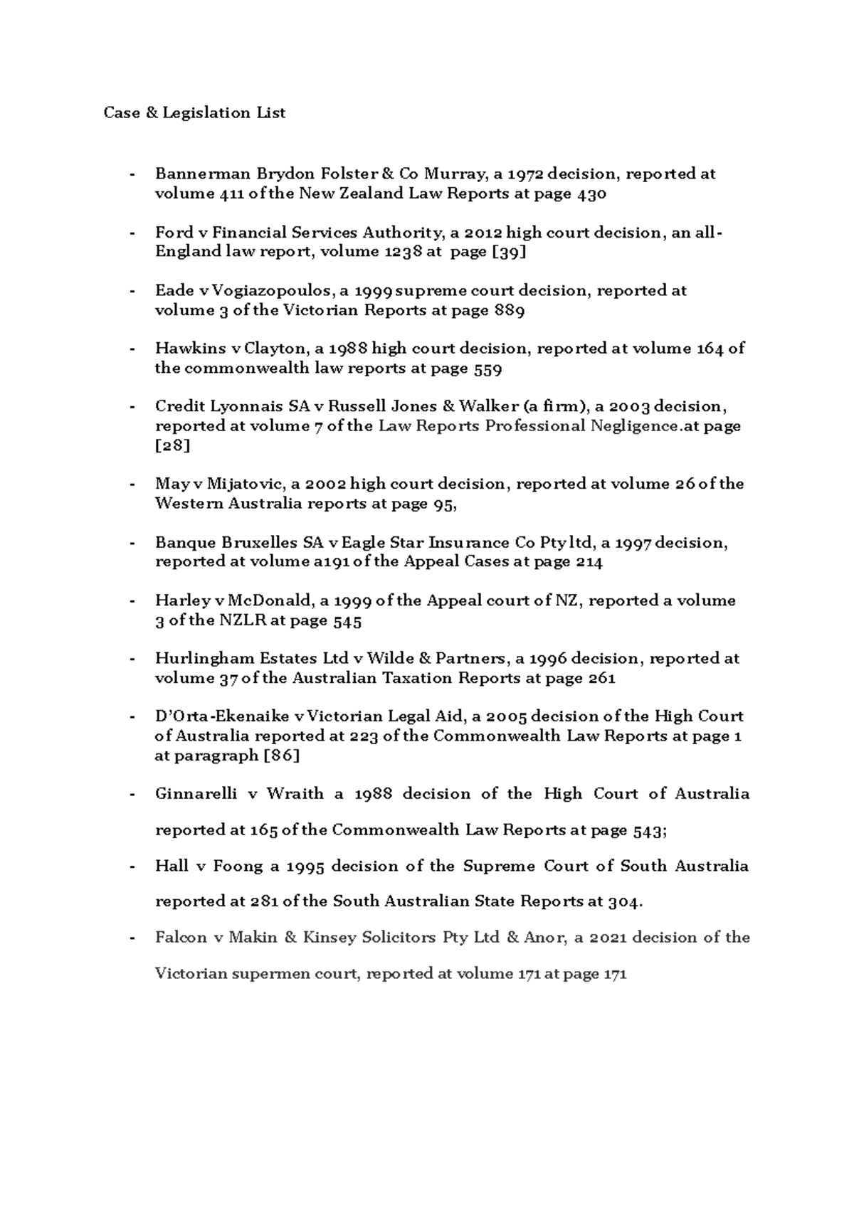 Case list - Viva voce case list - Case & Legislation List Bannerman ...