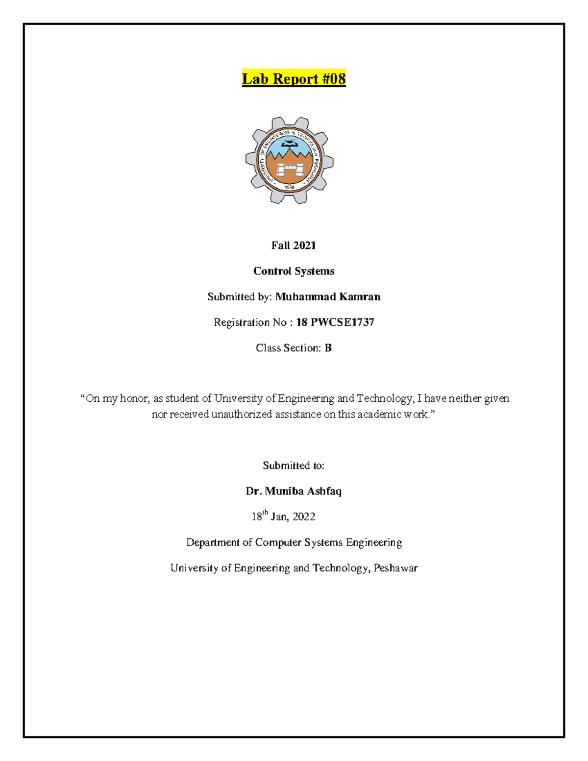 Lab Report #08(18pwcse 1737) - Lab Report Fall 2021 Control Systems ...