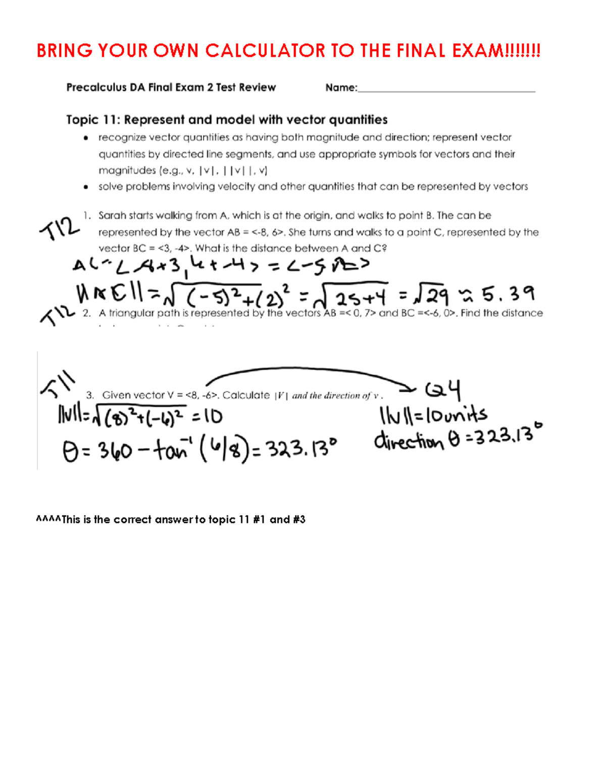 Answer Key Precalculus DA Final Exam 2 Test Review - BRING YOUR OWN ...