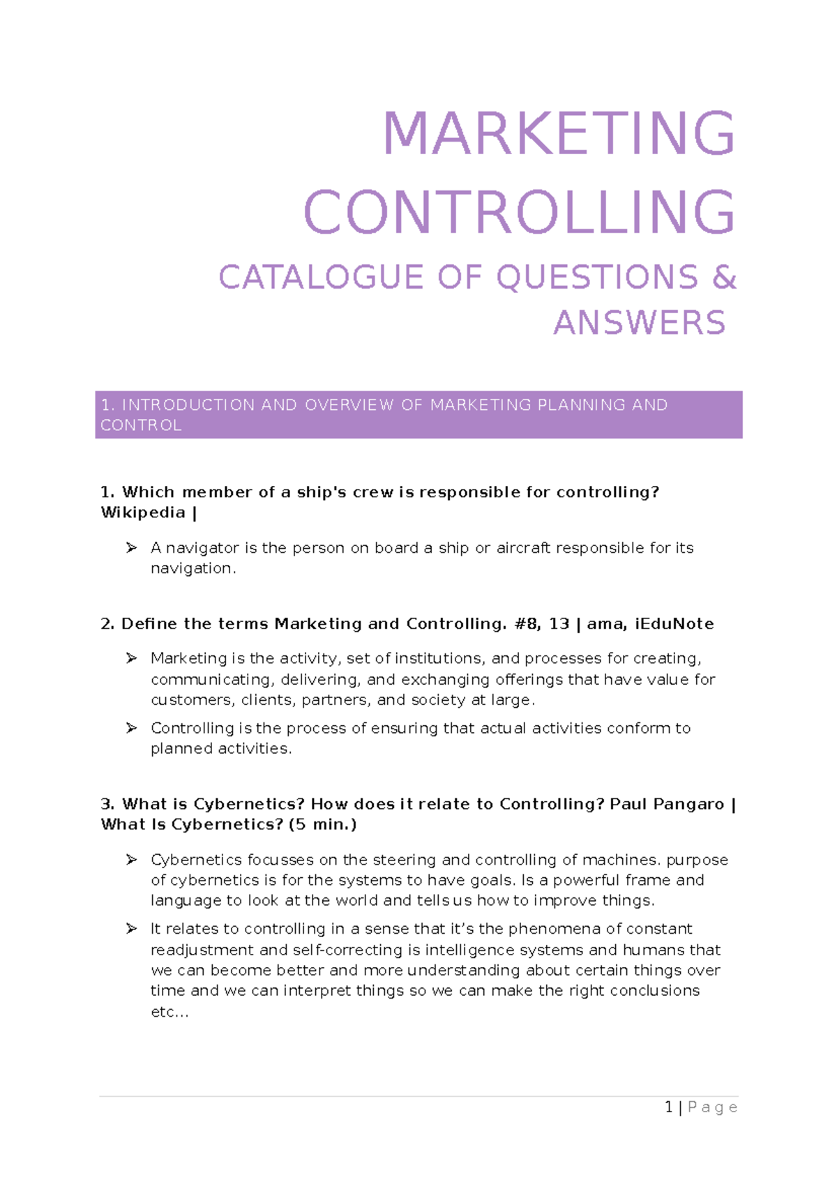 Marketing Controlling (IBC) Summary - COQ answered - MARKETING ...