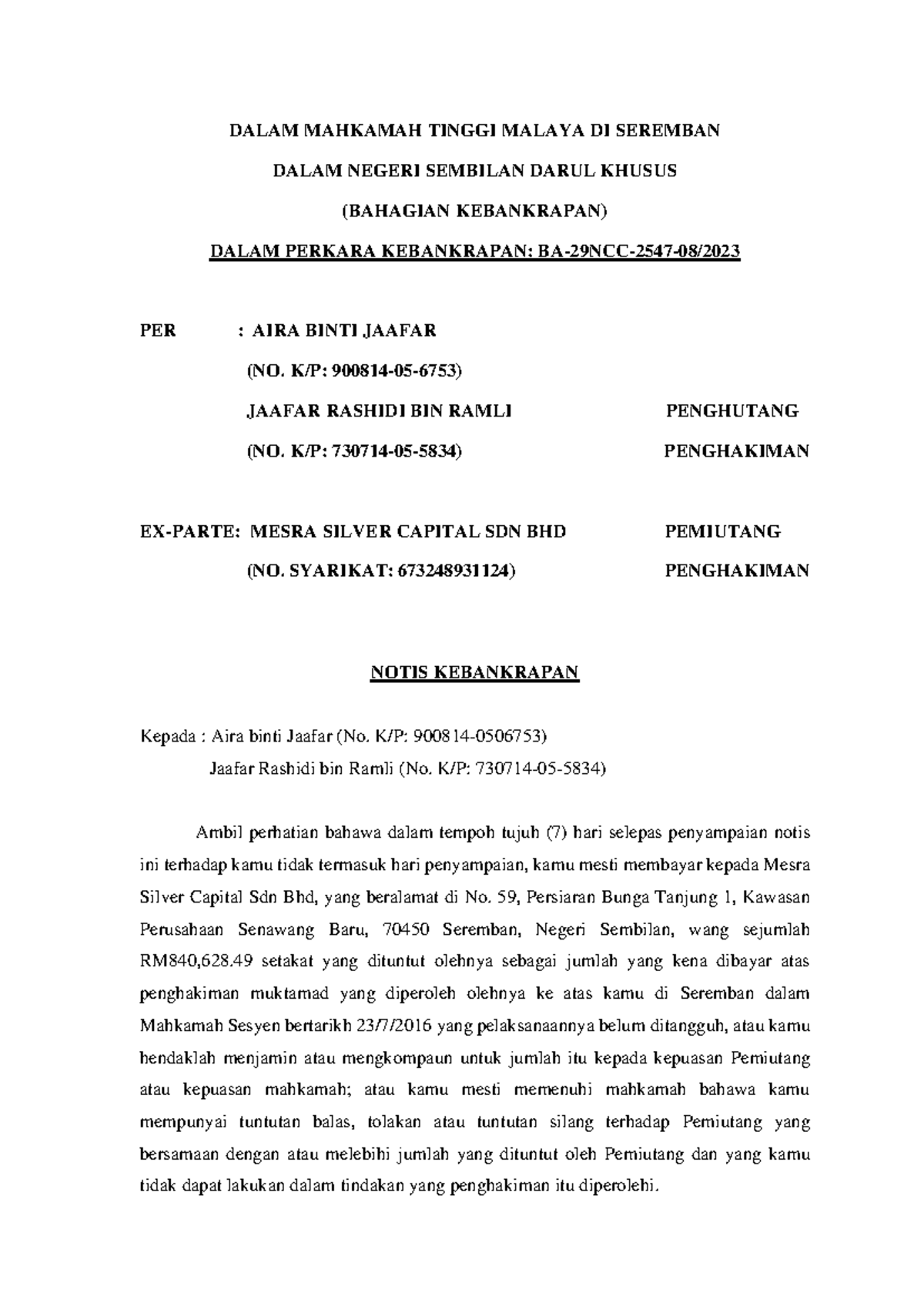 Notis Kebankrapan - Example of Bankruptcy Notice - DALAM MAHKAMAH ...